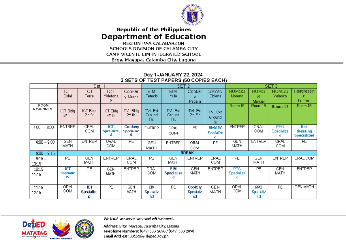 Schedule and classroom for exam - Republic of the Philippines ...