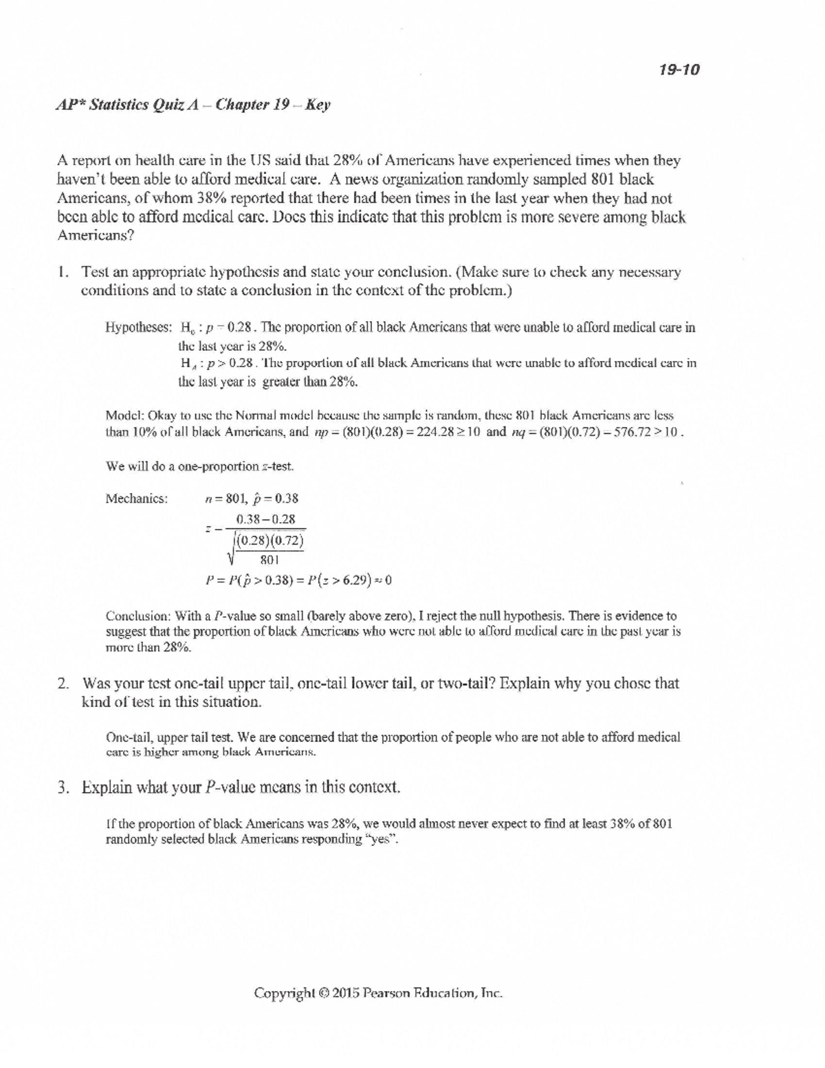 Chapter 20 quizzes - Statistics Quiz A Chapter 19 Key A report on ...