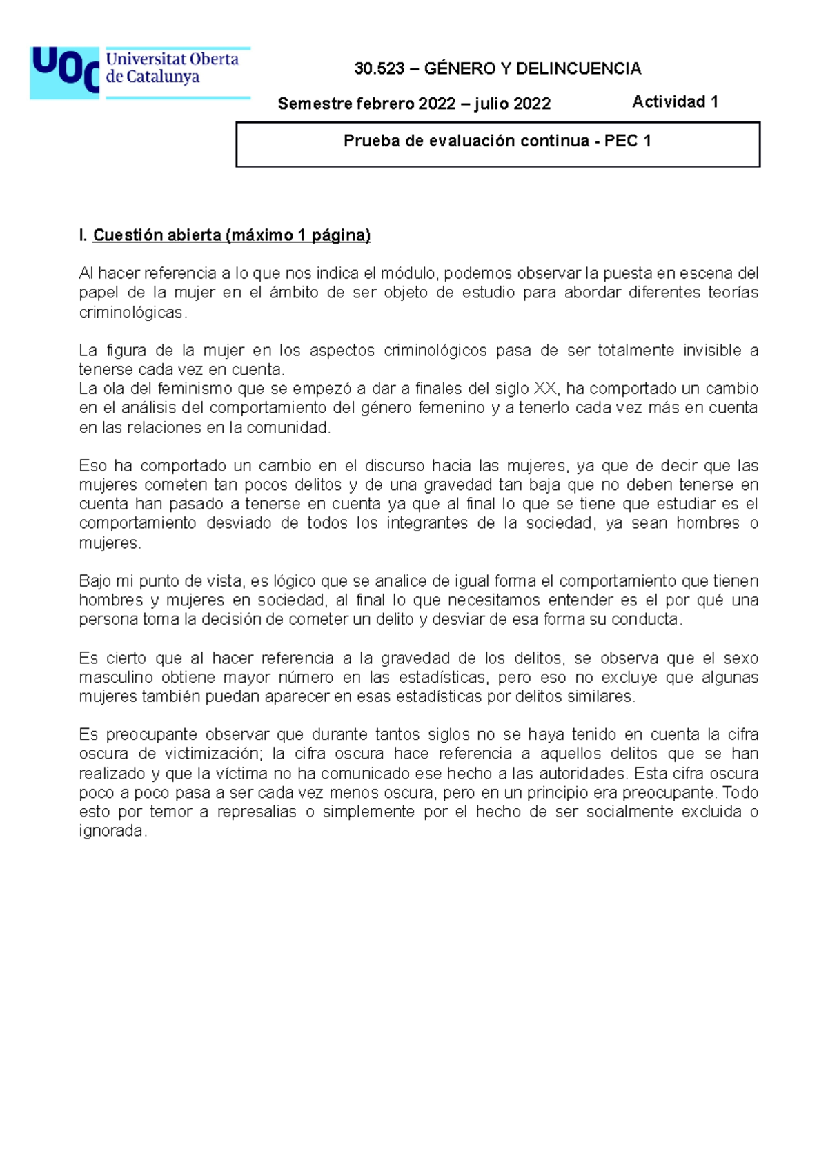 PEC1 genero - PEC - 30 – GÉNERO Y DELINCUENCIA Semestre febrero 2022 – julio 2022 Actividad 1 ...