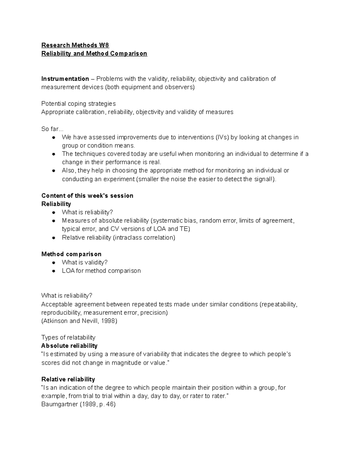Research Methods W8 - Research Methods W Reliability and Method ...