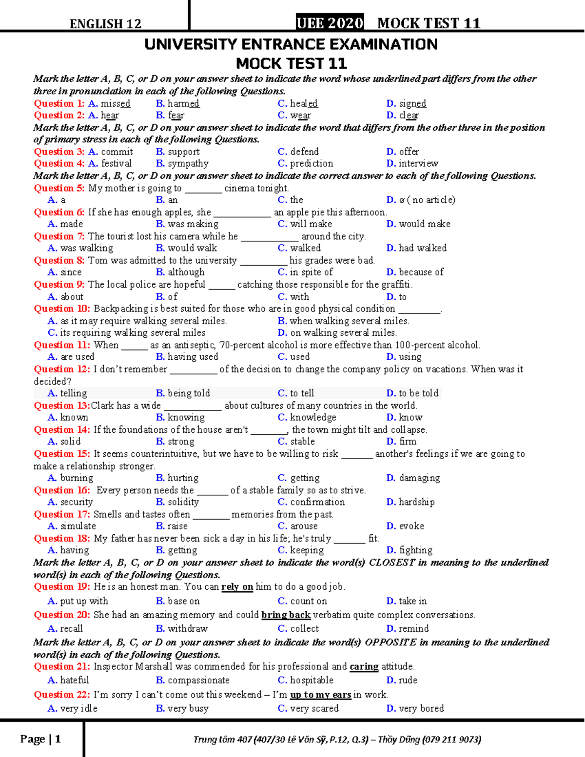 MOCK TEST 11 english test 113 - UNIVERSITY ENTRANCE EXAMINATION MOCK ...