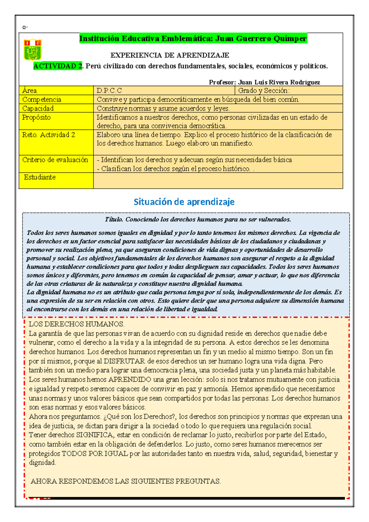 Actividad 2. Derechos fund., econ., soc., polít. III BIM. - o- Situación de aprendizaje Título ...