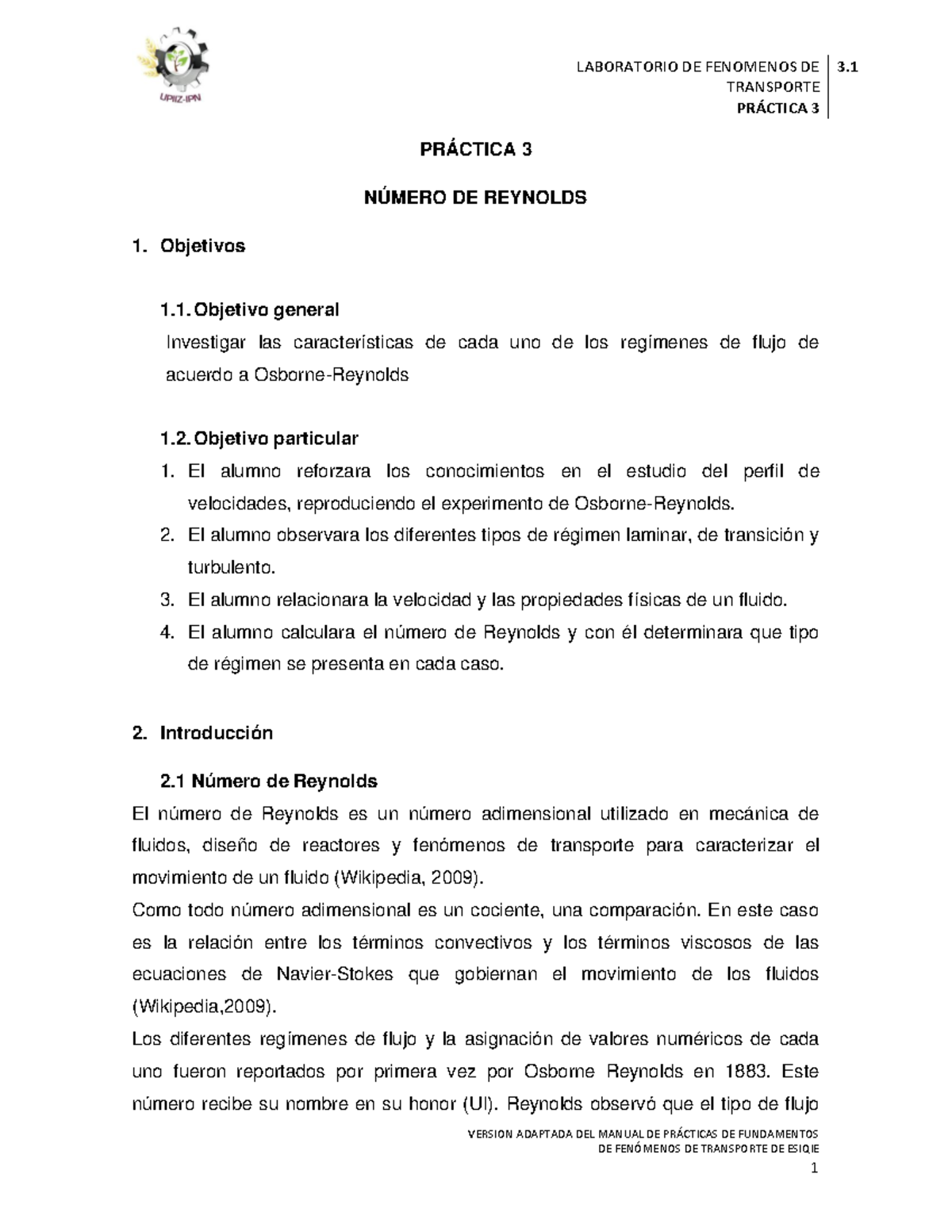 Practica No. 3 Número de Reynolds - TRANSPORTE PR¡CTICA 3 VERSION ADAPTADA DEL MANUAL DE PR ...