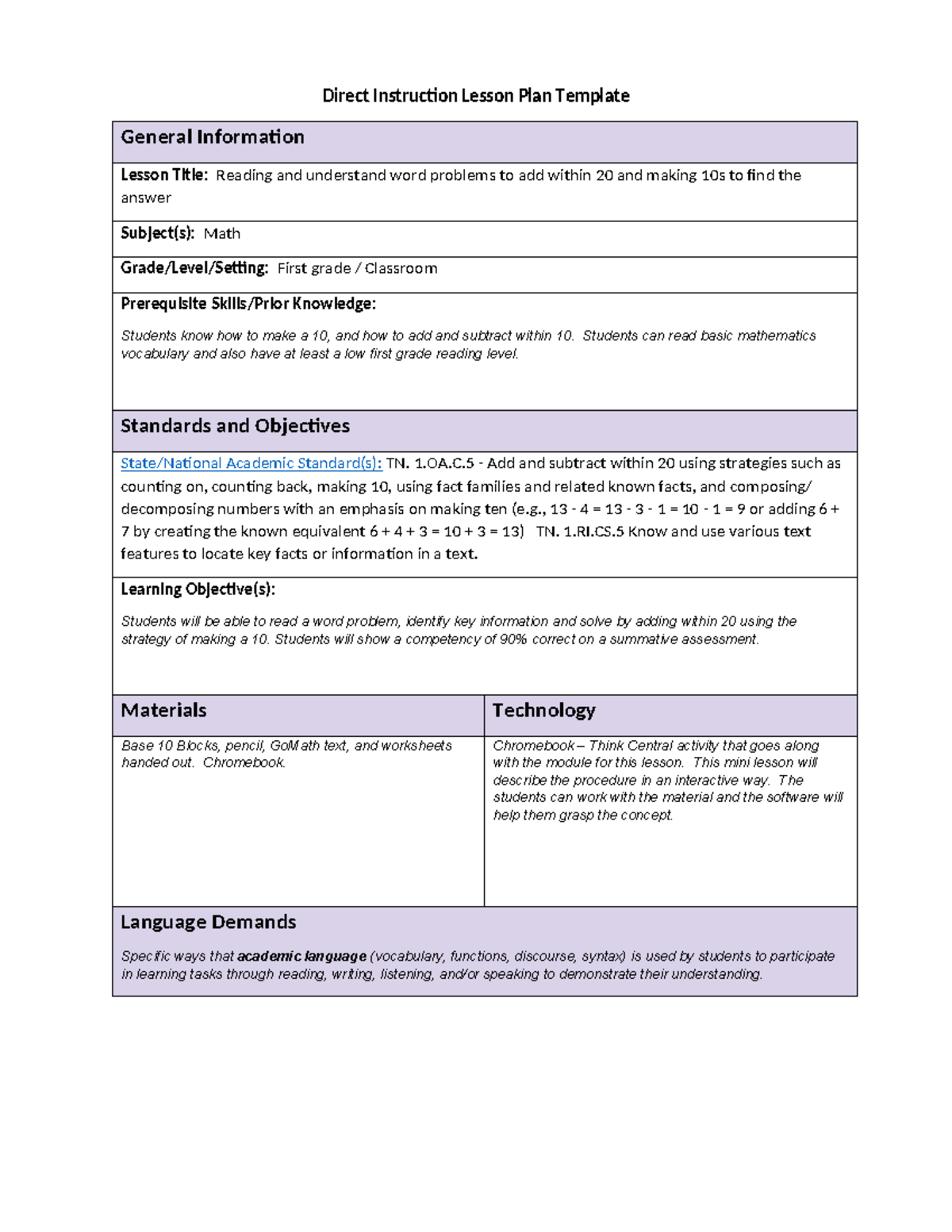 C109 - lesson plan - Direct Instruction Lesson Plan Template General ...