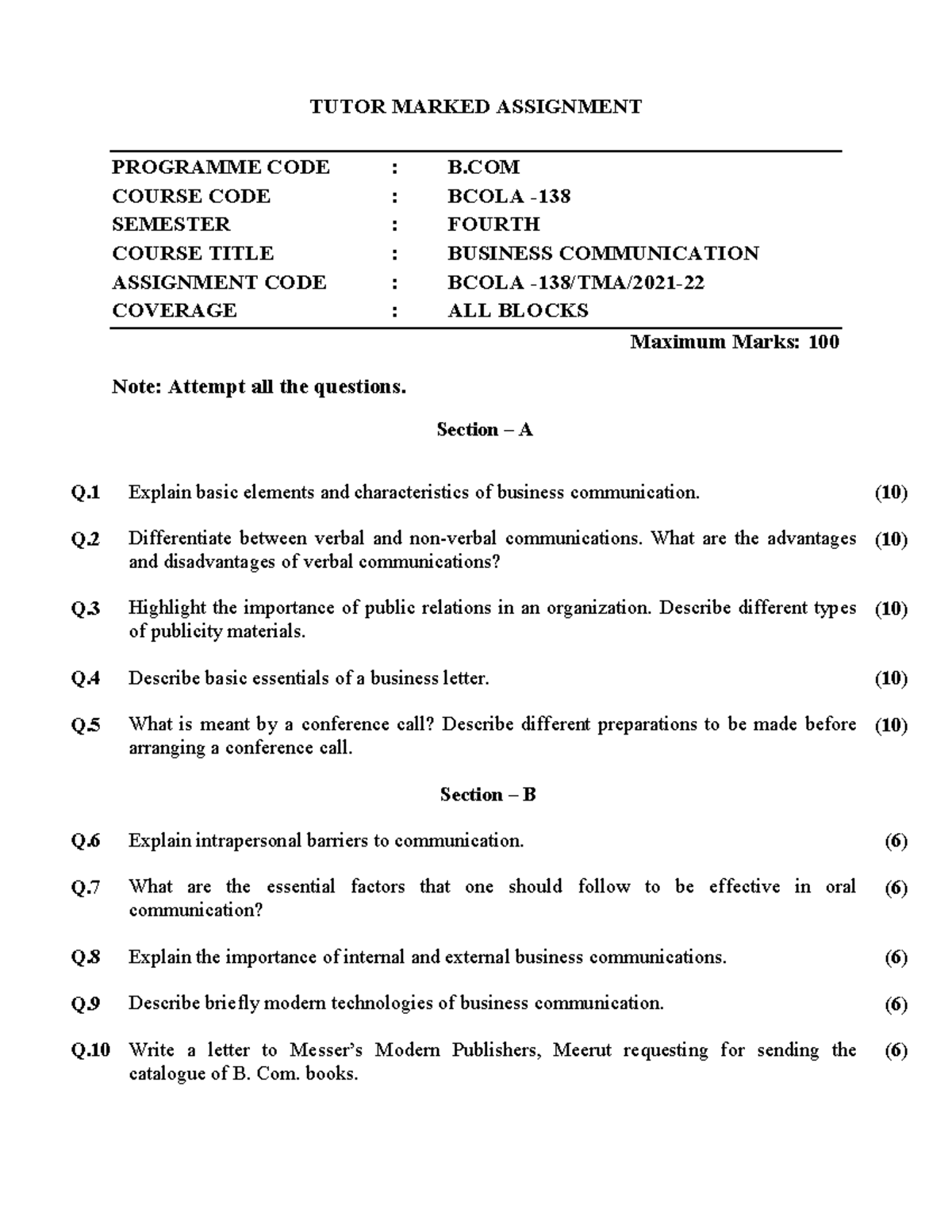 Bcola 138 eng 23421 - Assignment answer key - TUTOR MARKED ASSIGNMENT ...