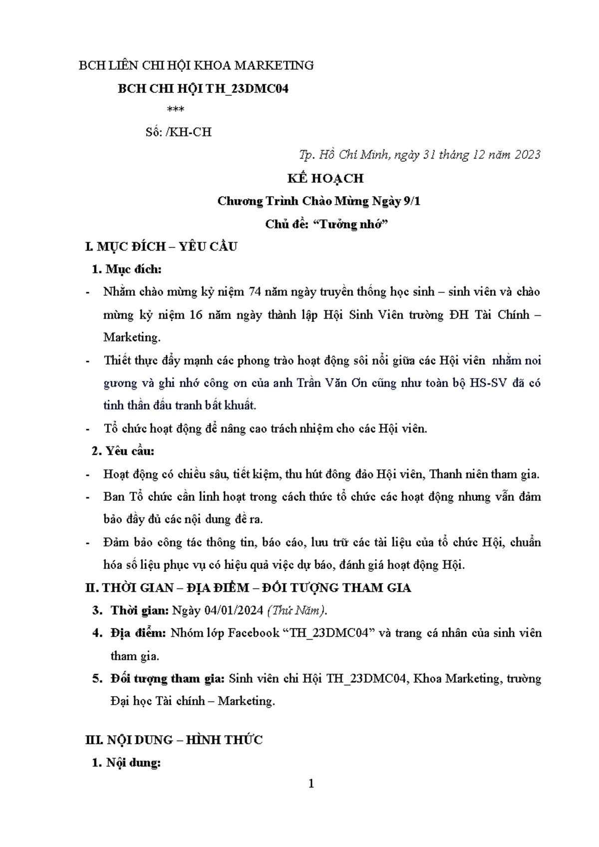 KH-9 - BCH LIÊN CHI HỘI KHOA MARKETING BCH CHI HỘI TH_23DMC Số: /KH-CH Tp. Hồ Chí Minh, ngày 31 ...