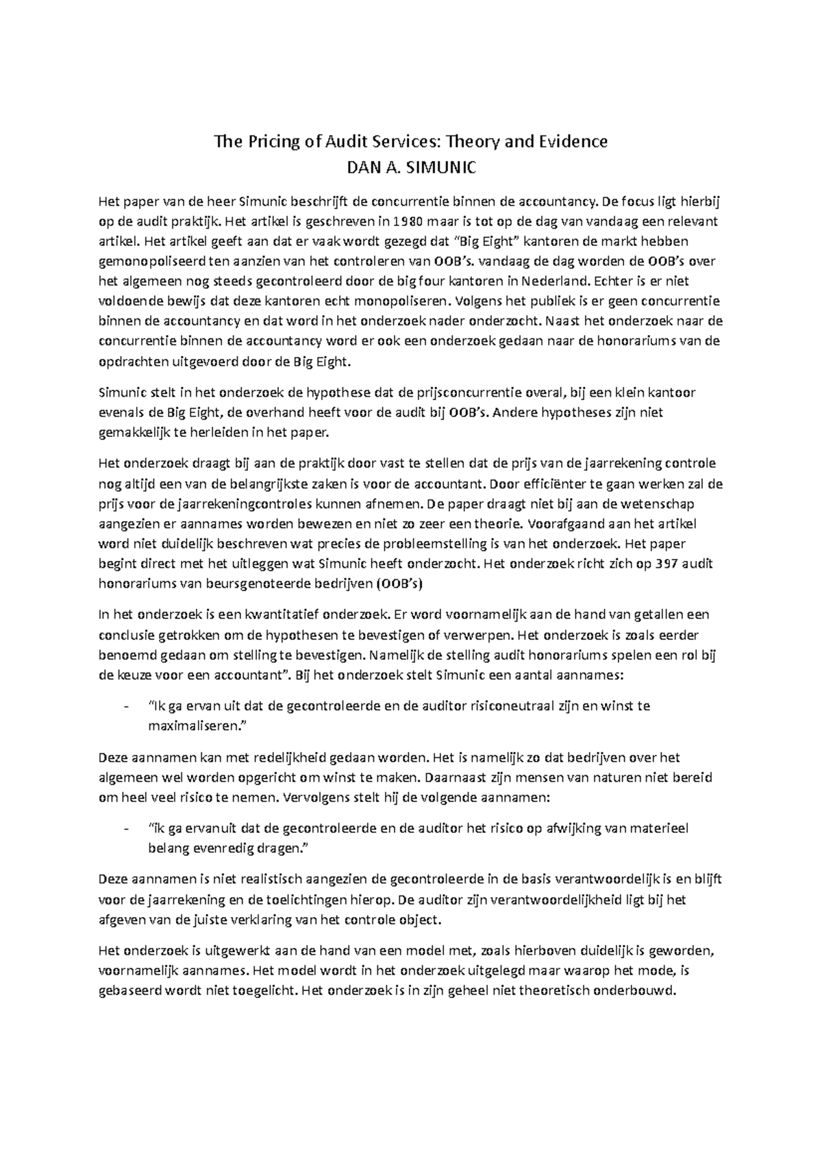 Authy persoonlijke analyse 1 - The Pricing of Audit Services: Theory ...