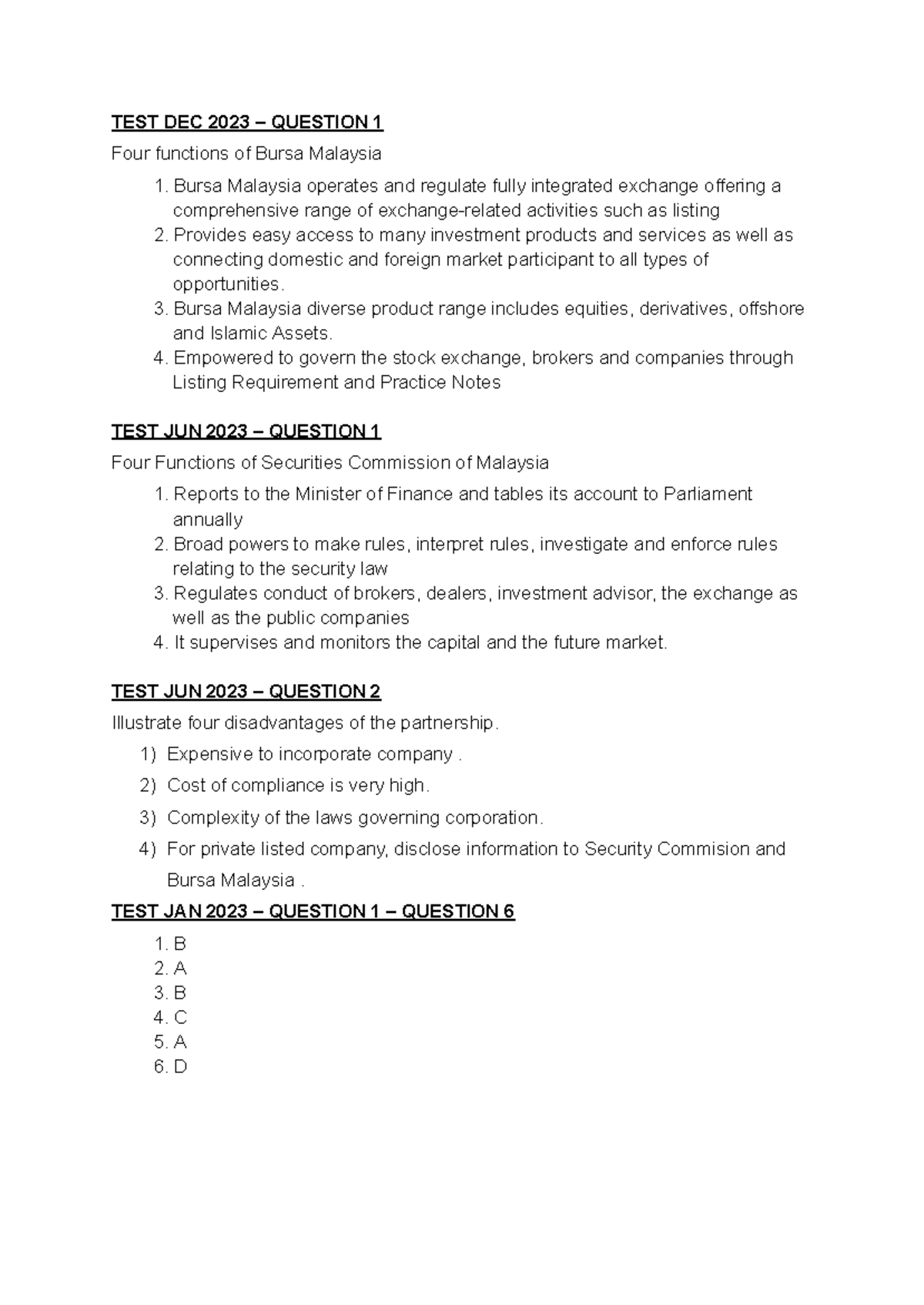 TUTO%201 - TEST DEC 2023 – QUESTION 1 Four functions of Bursa Malaysia ...