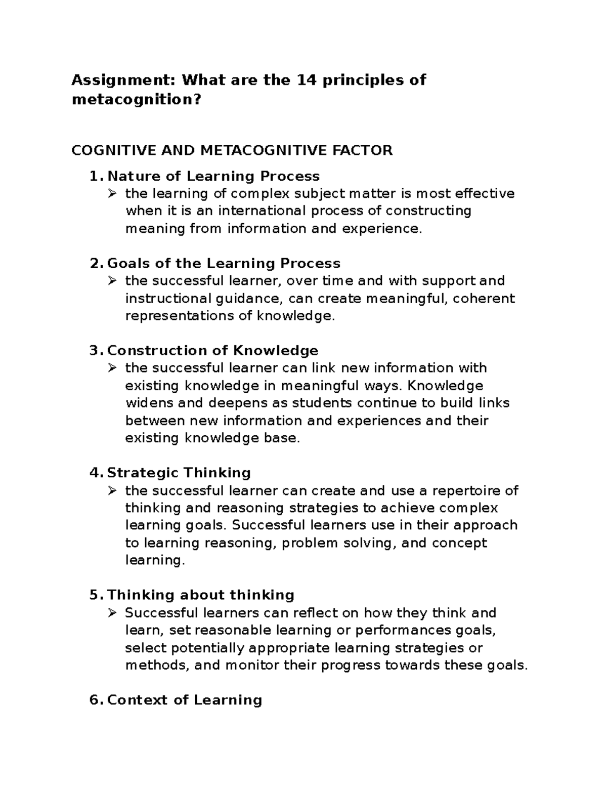 14 principles - Assignment: What are the 14 principles of metacognition? COGNITIVE AND ...