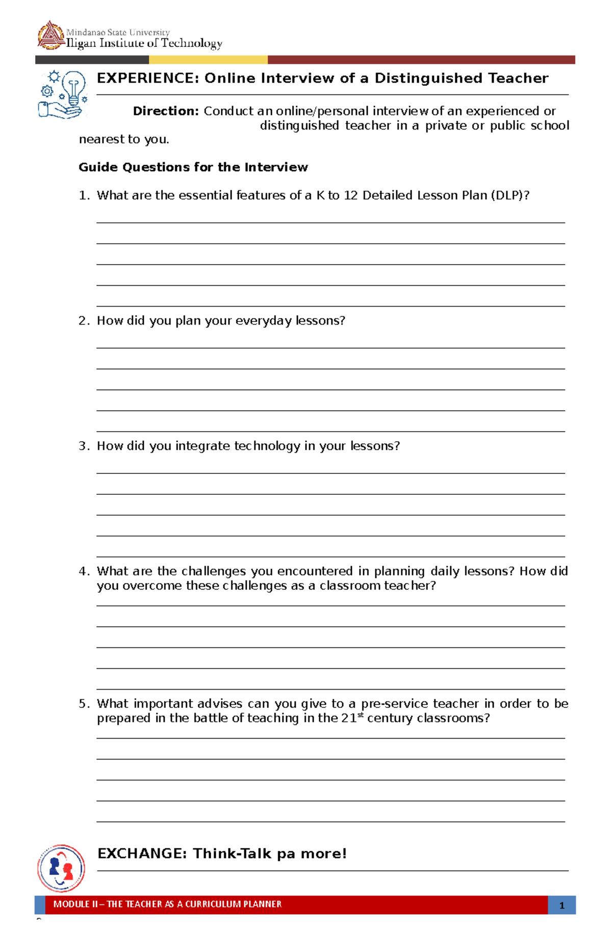 Module II Learning Activities - EXPERIENCE: Online Interview of a ...
