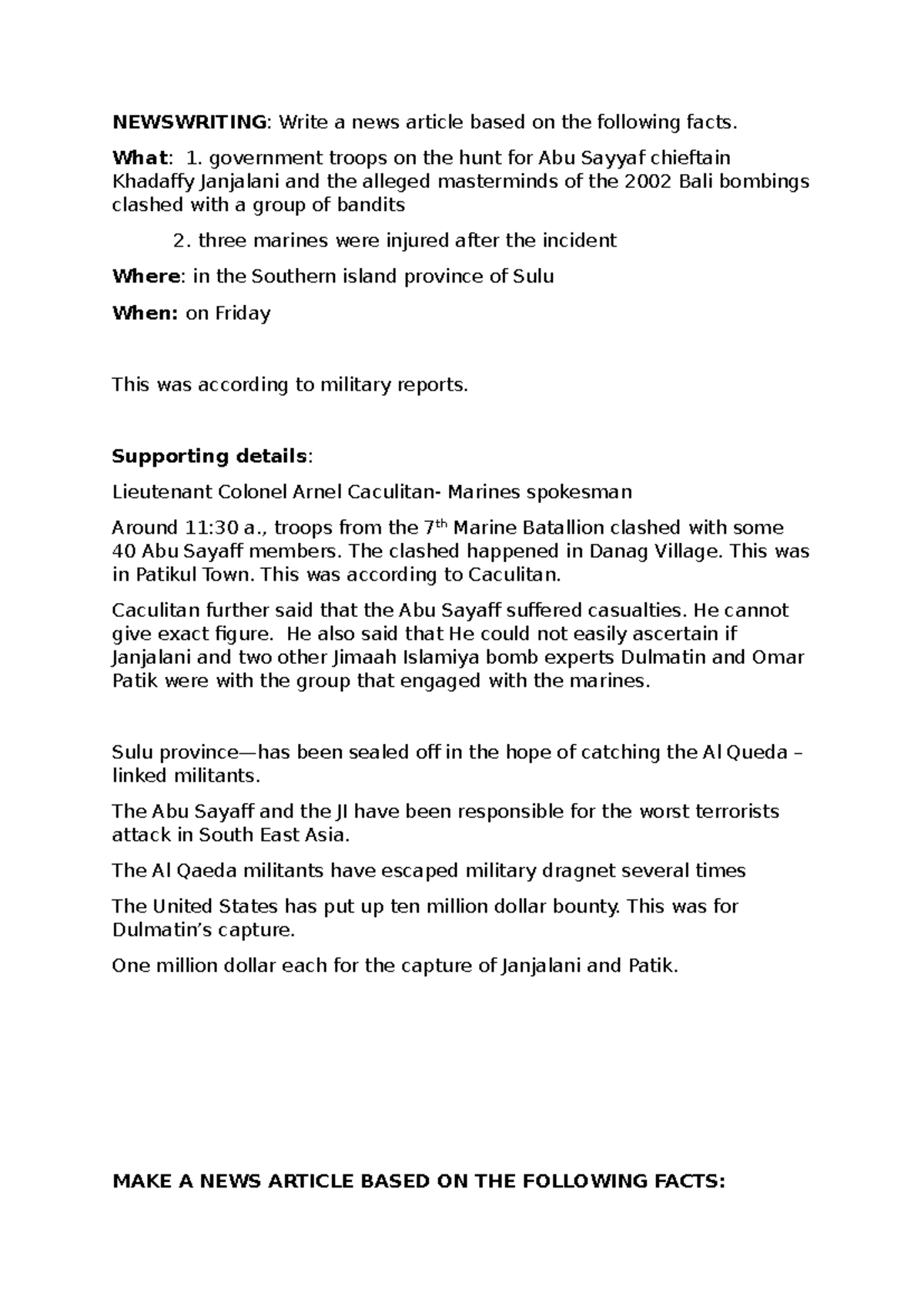 Newswriting exercises - NEWSWRITING: Write a news article based on the ...