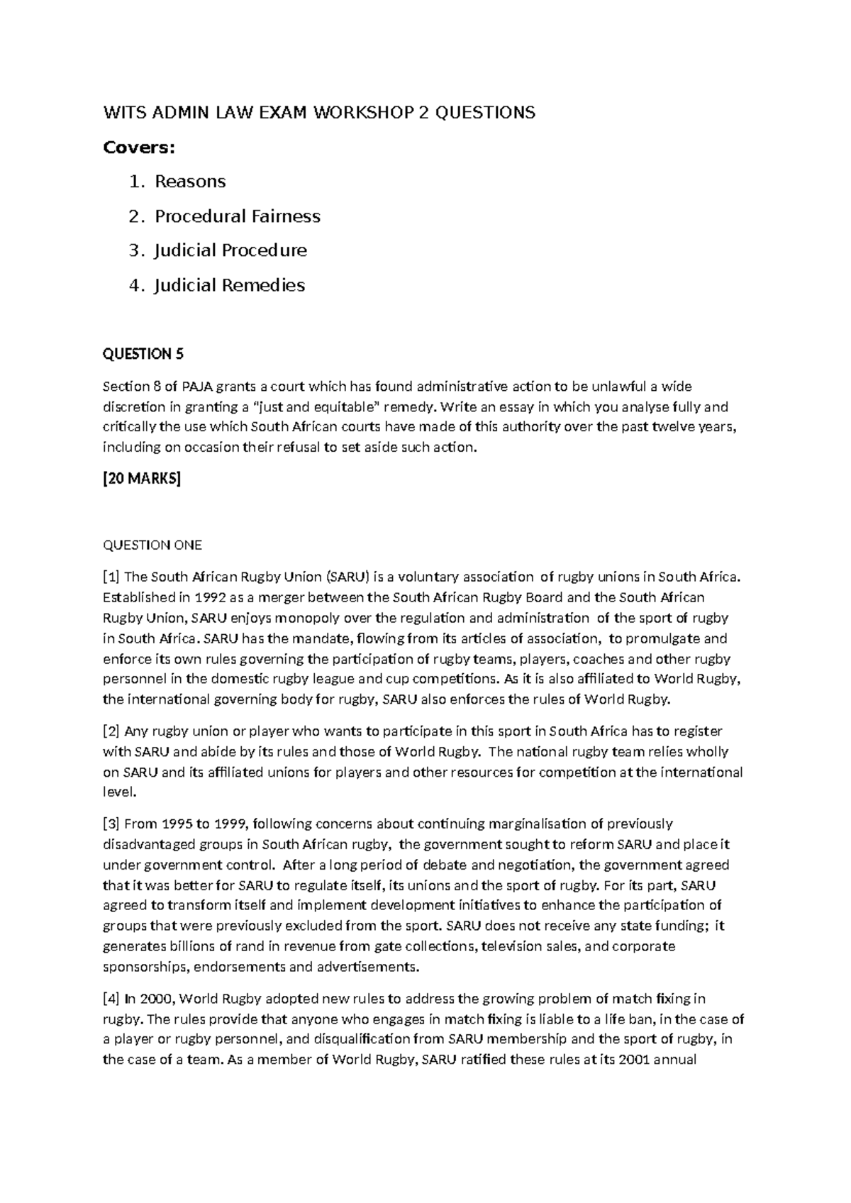 WITS Admin LAW EXAM Workshop 2 Questions - WITS ADMIN LAW EXAM WORKSHOP 2 QUESTIONS Covers: 1 ...