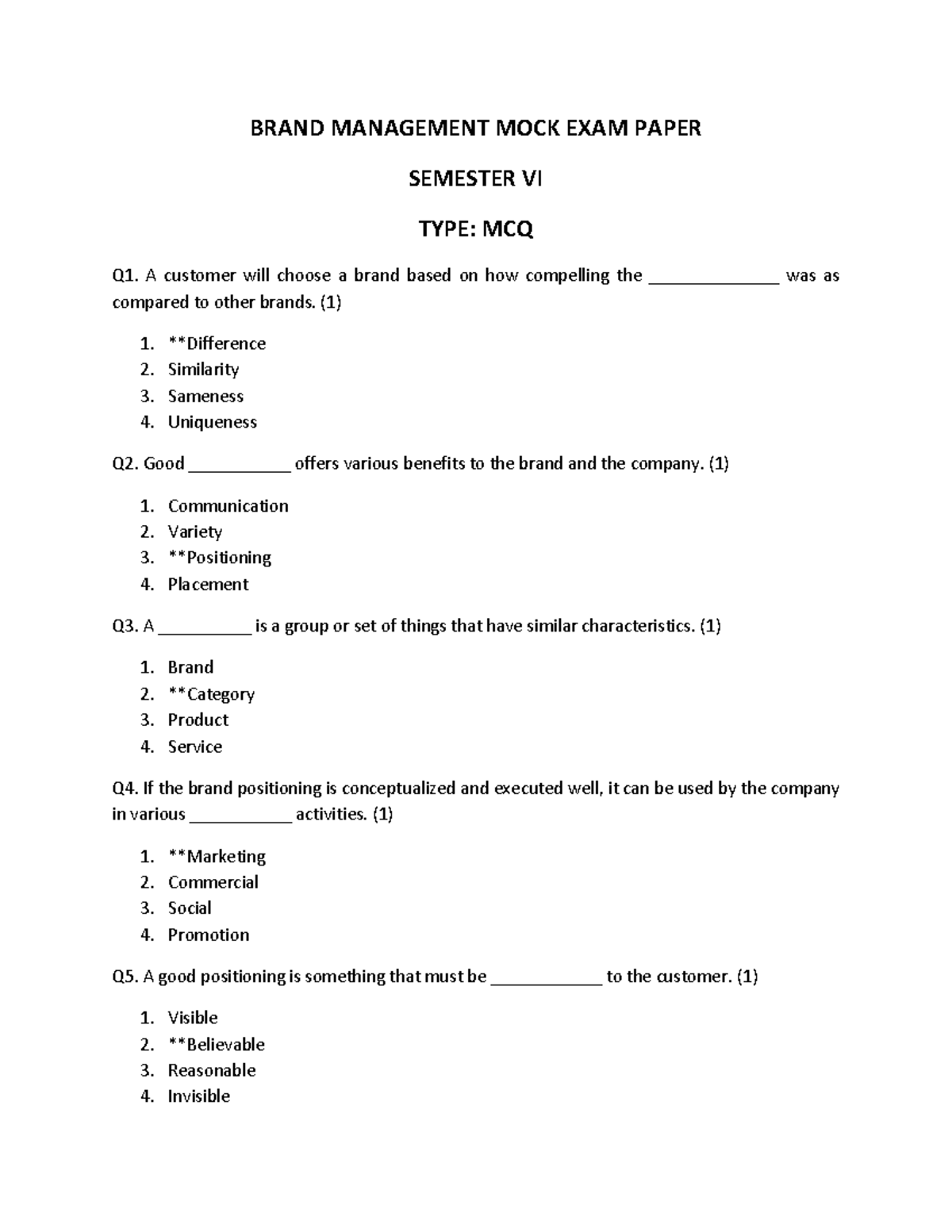 BMS Sem 6 Regular exam Brand Mngt sample Paper - BRAND MANAGEMENT MOCK ...