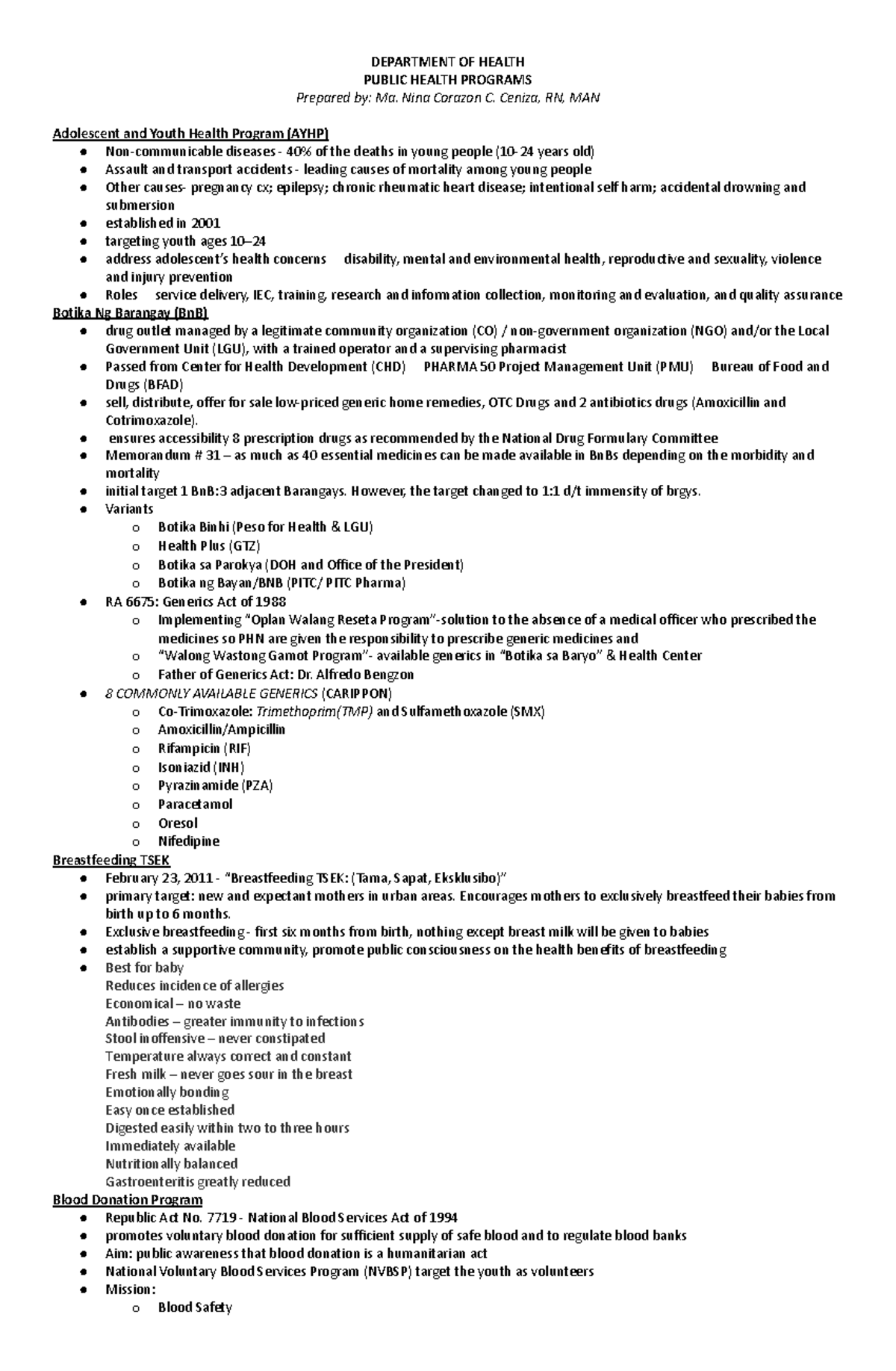 DOH programs handouts - DEPARTMENT OF HEALTH PUBLIC HEALTH PROGRAMS ...