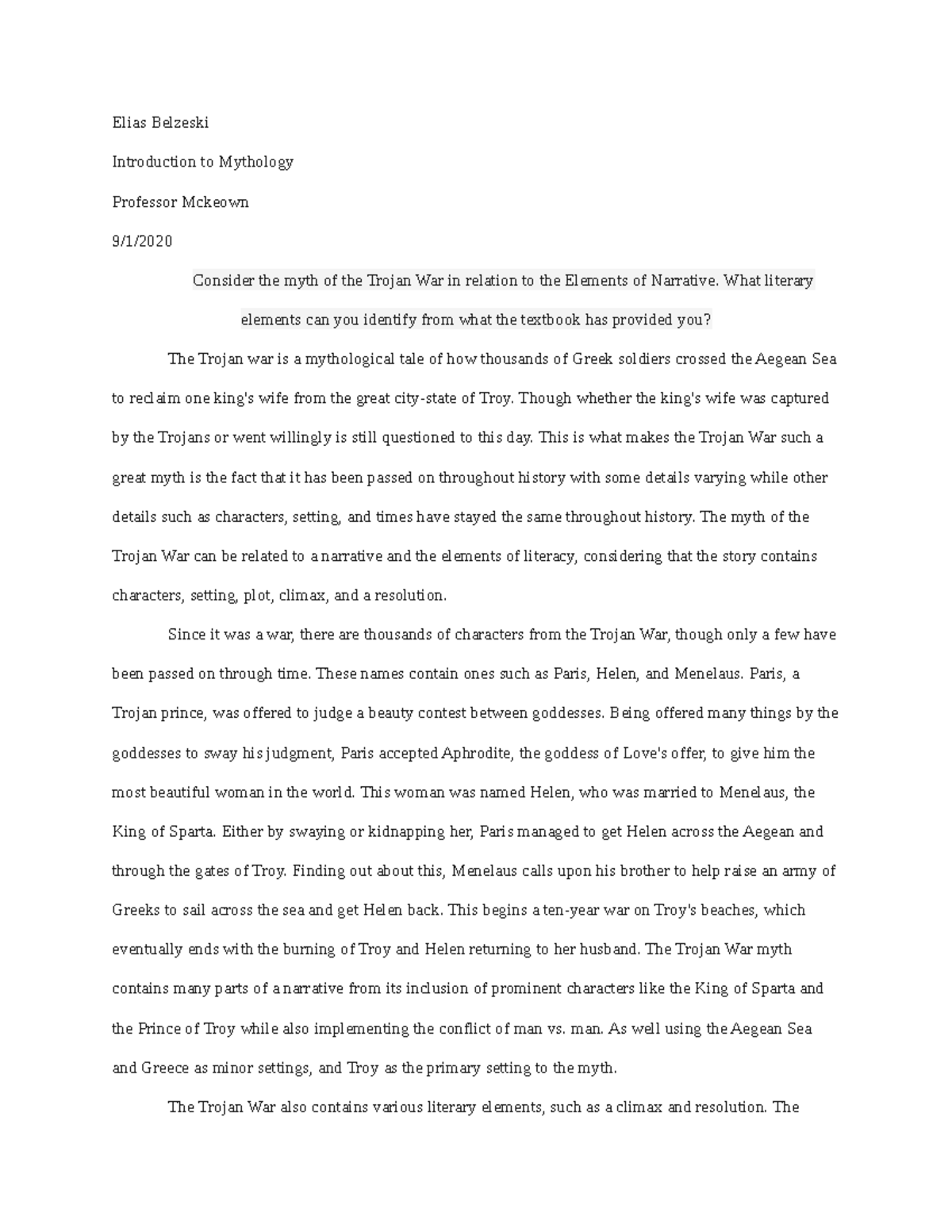 Trojan War critical reading response - Elias Belzeski Introduction to ...