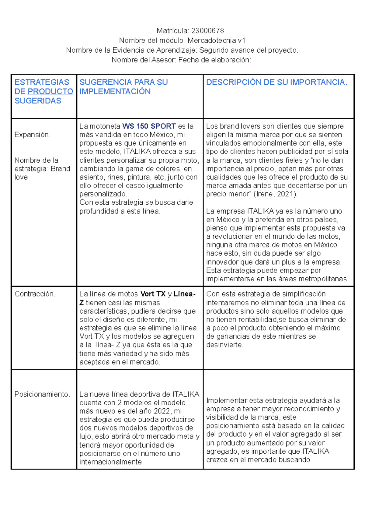 Segundo Avance - Estrategias de productos - Matrícula: 23000678 Nombre ...