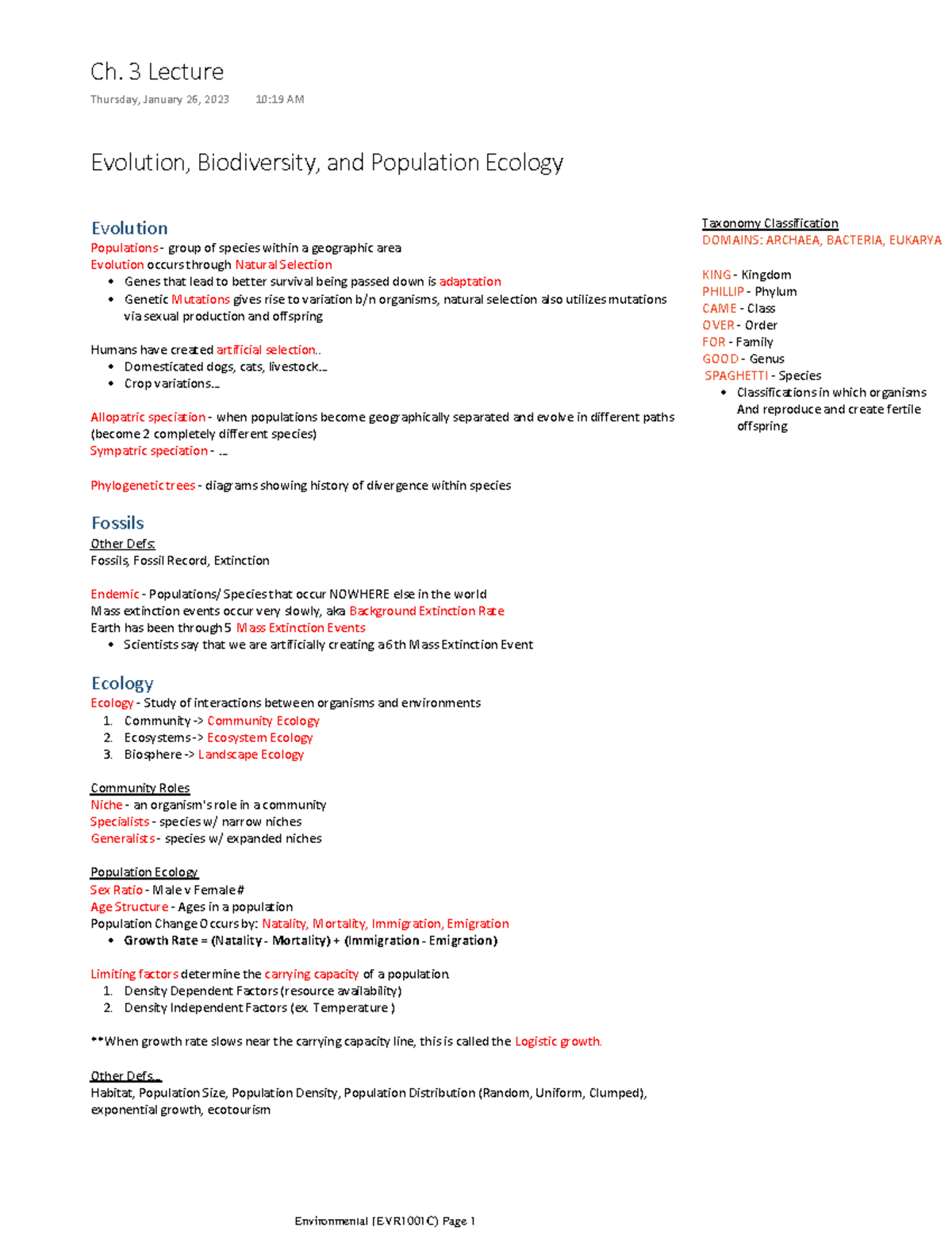Ch. 3 Evolution, Biodiversity, and Population Ecology - Taxonomy ...