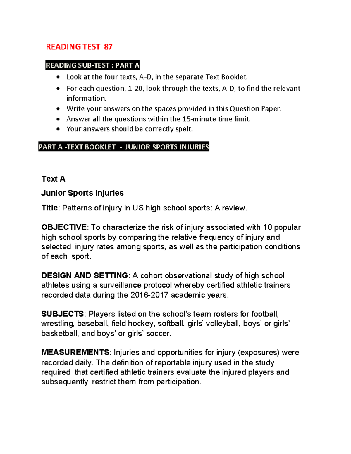 Junior Sports Injuries - READING TEST 87 READING SUB-TEST : PART A Look ...