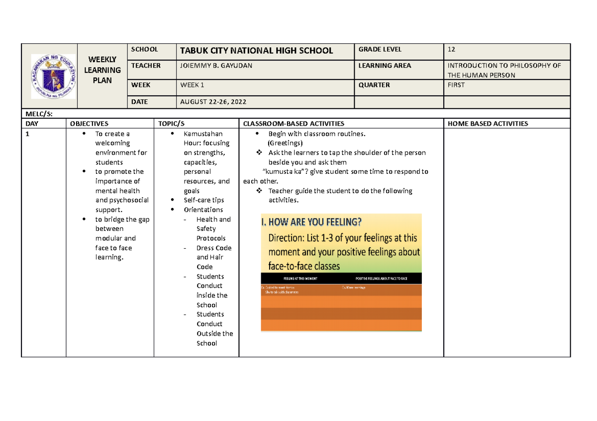 Weekly Learning PLAN WEEK 1 - WEEKLY LEARNING PLAN SCHOOL TABUK CITY ...