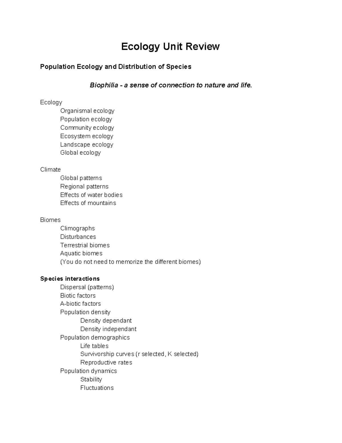 Chapter notes- Personal notes AP BIOLOGY - Ecology Unit Review ...