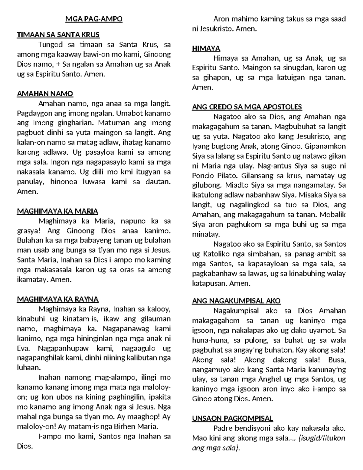 katekista komunyon prayers - MGA PAG-AMPO TIMAAN SA SANTA KRUS Tungod ...