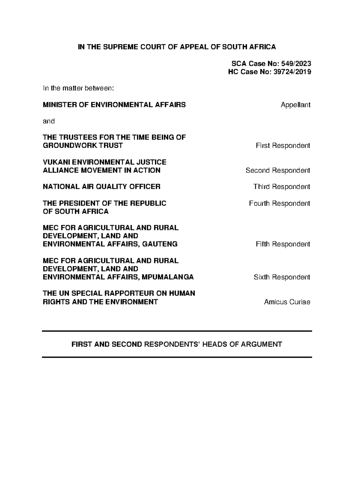 Minsisters Heads of Argument in the SCA - IN THE SUPREME COURT OF ...