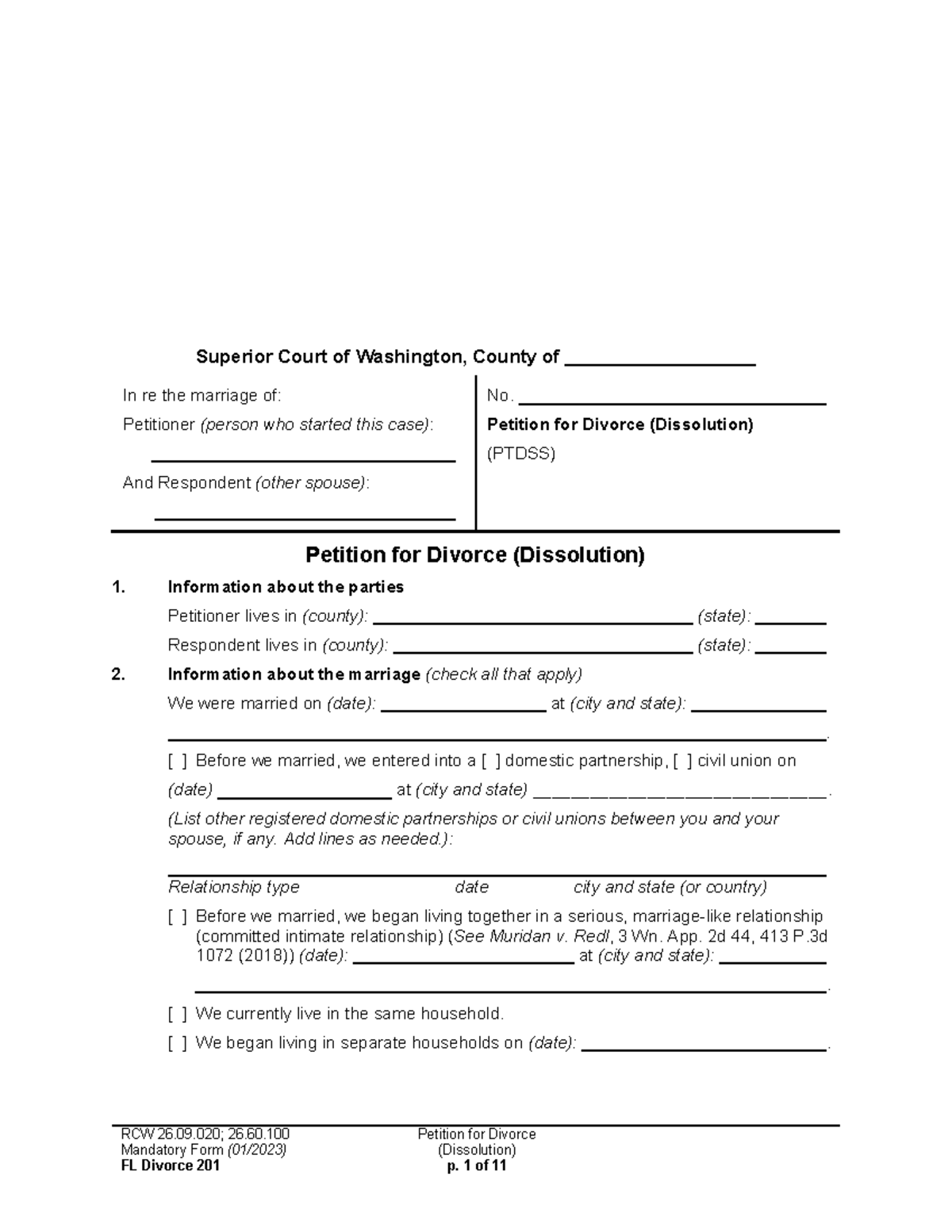FL Divorce 201 Petition for Divorce 2023 01 - RCW 26.09; 26. Mandatory ...