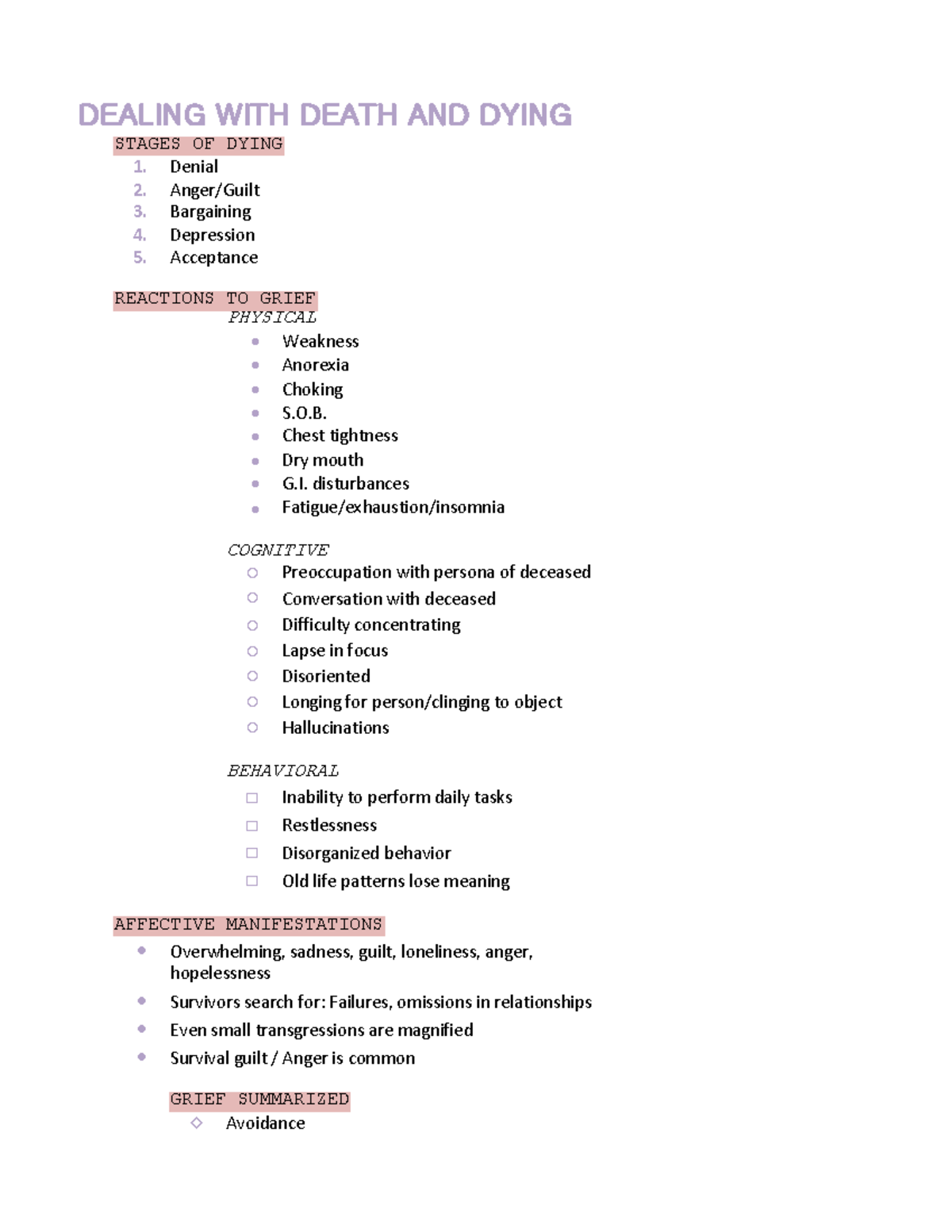 Dealing WITH Death AND Dying - STAGES OF DYING 1. Denial 2. Anger/Guilt ...