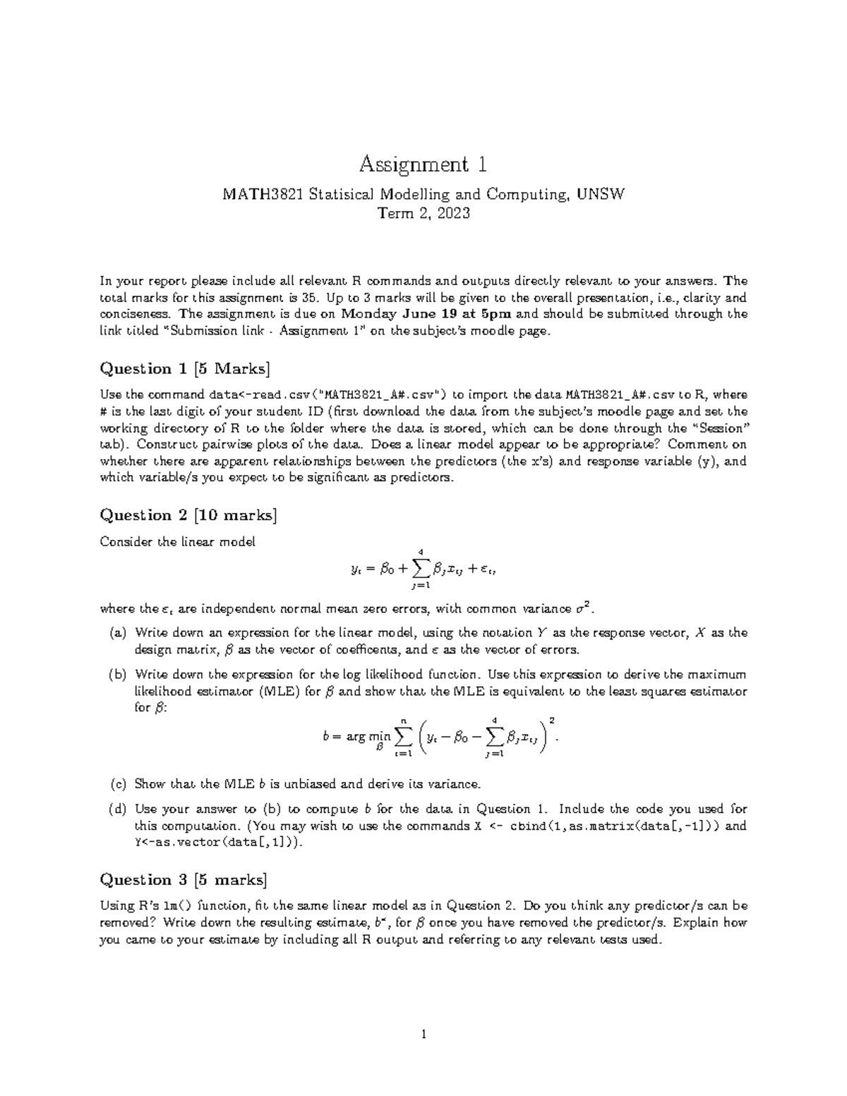 Assignment 1 2023 handout - Assignment 1 MATH3821 Statisical Modelling ...