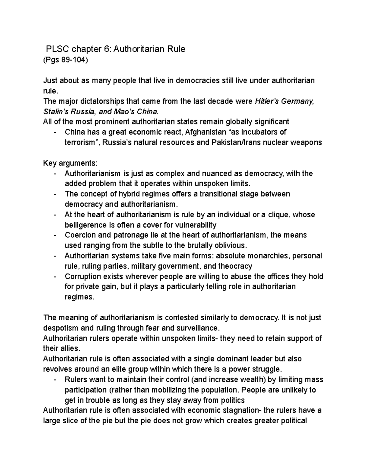 PLSC 113 Chap 6: Authoritarian Rule - PLSC chapter 6: Authoritarian ...
