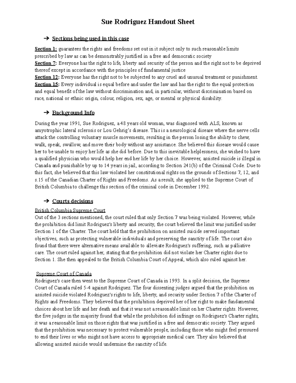 Sue Rodriguez Handout Sheet - Section 15: Every individual is equal ...