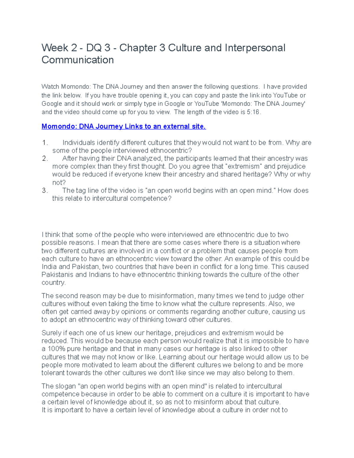 Week 2 - DQ 3 - Chapter 3 Culture and Interpersonal Communication ...