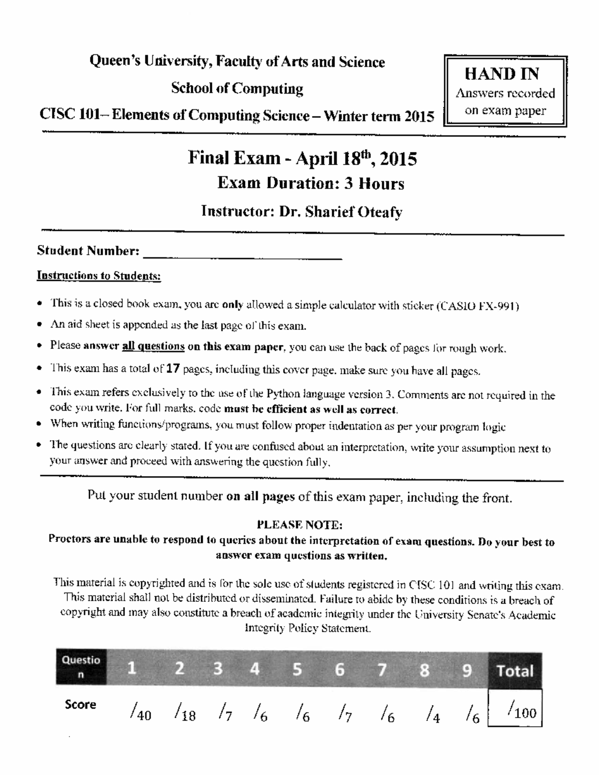 Exam 13 April 2015, questions and answers - Queen’s University, Faculty ...