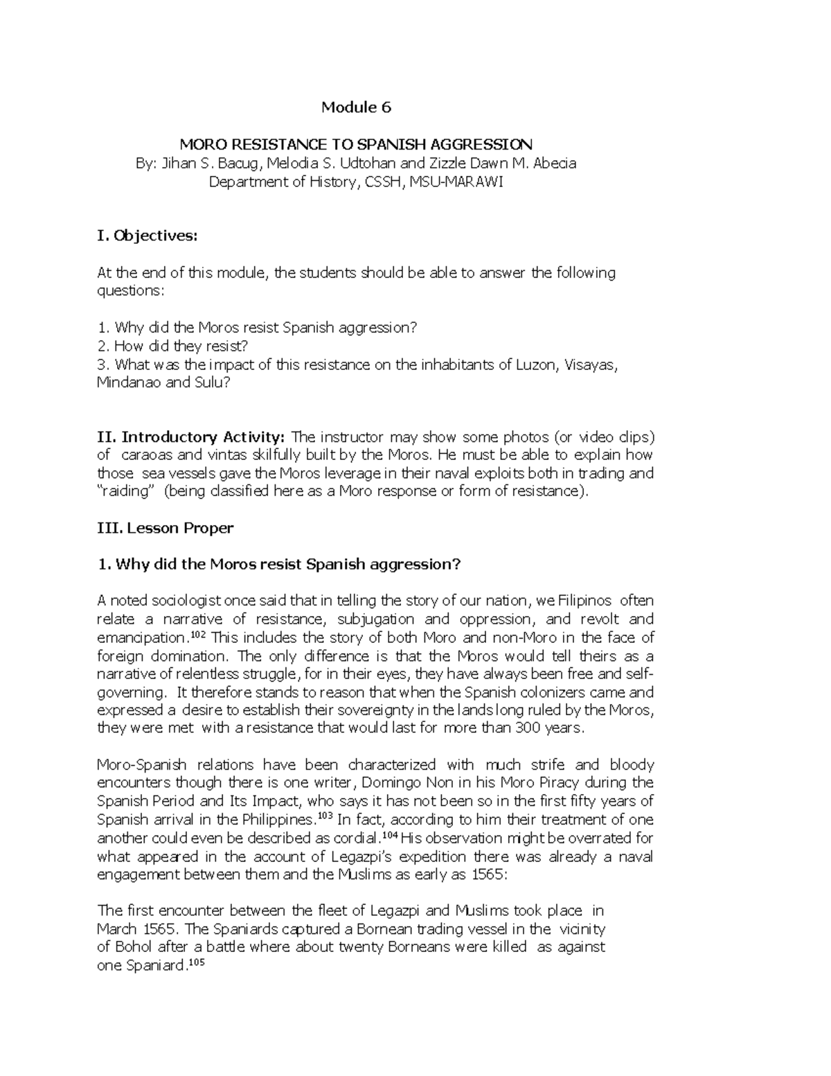 MORO Resistance TO Spanish Aggression - Module 6 MORO RESISTANCE TO ...