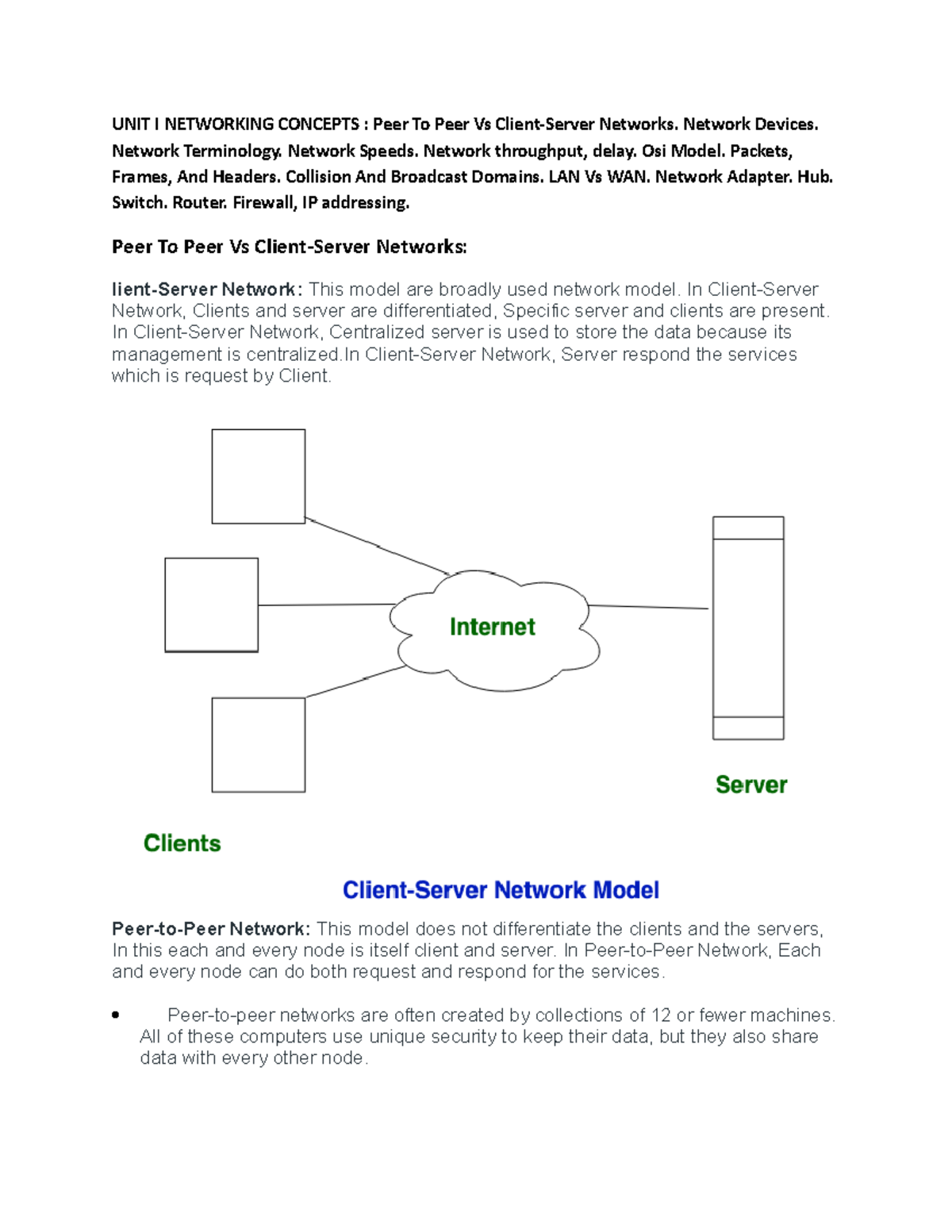 UNIT I Networking Concepts - UNIT I NETWORKING CONCEPTS : Peer To Peer Vs Client-Server Networks ...