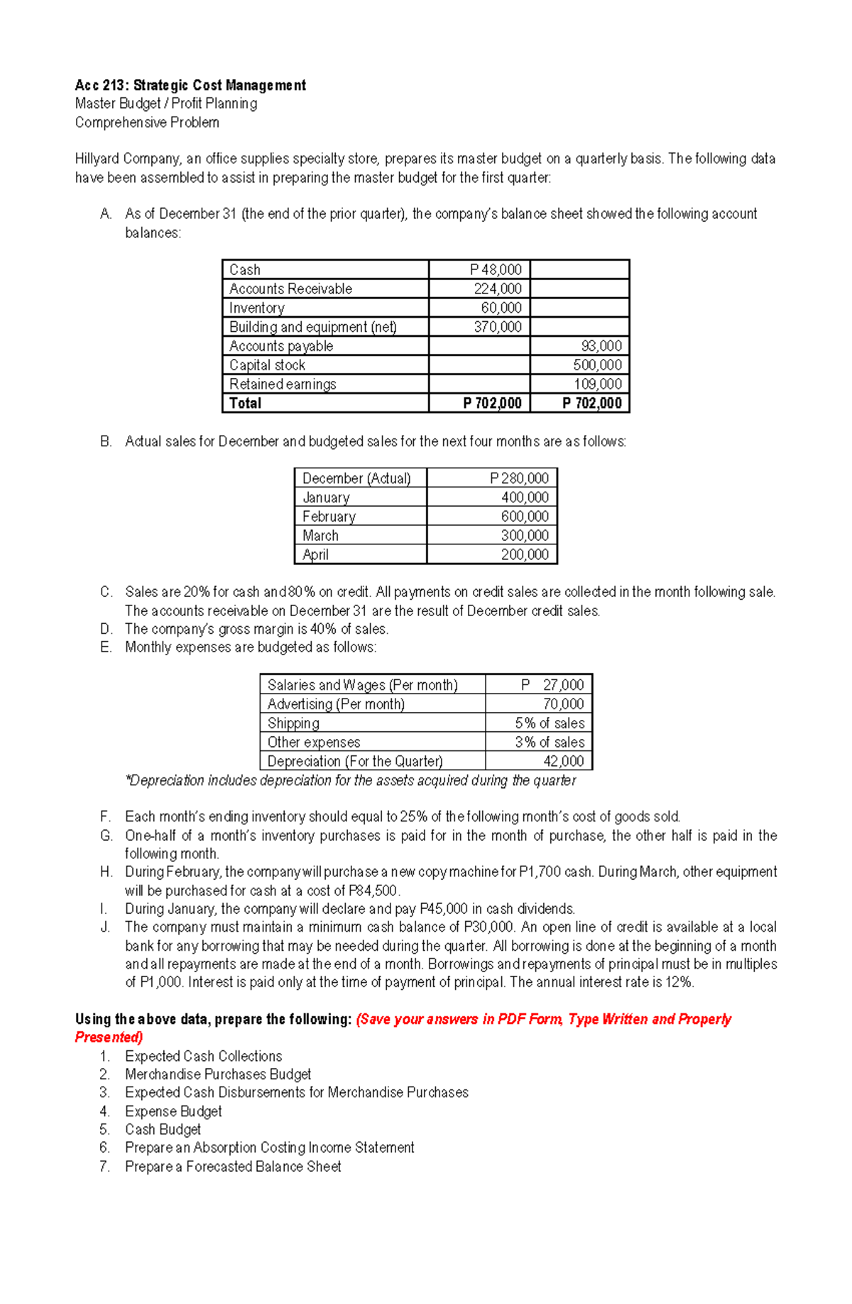 Comprehensive Problem Master Budget - Acc 213: Strategic Cost ...