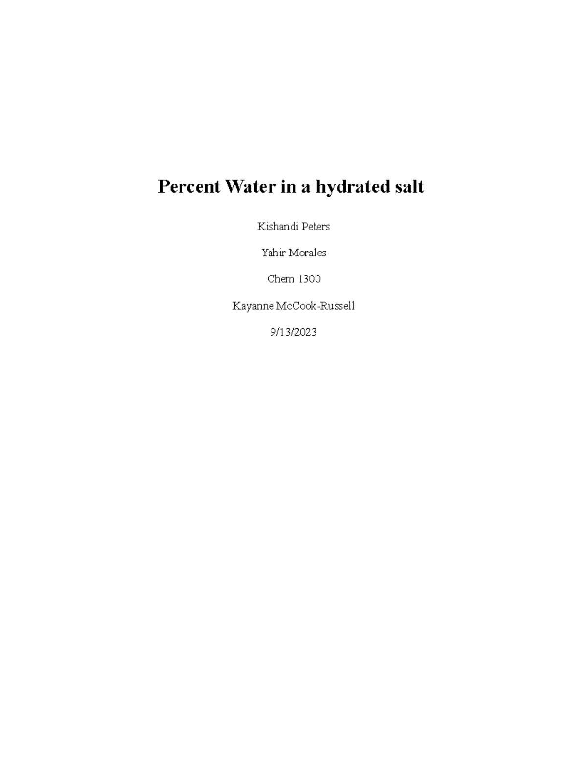 Lab 5 percent water i hydrated salt - Percent Water in a hydrated salt ...
