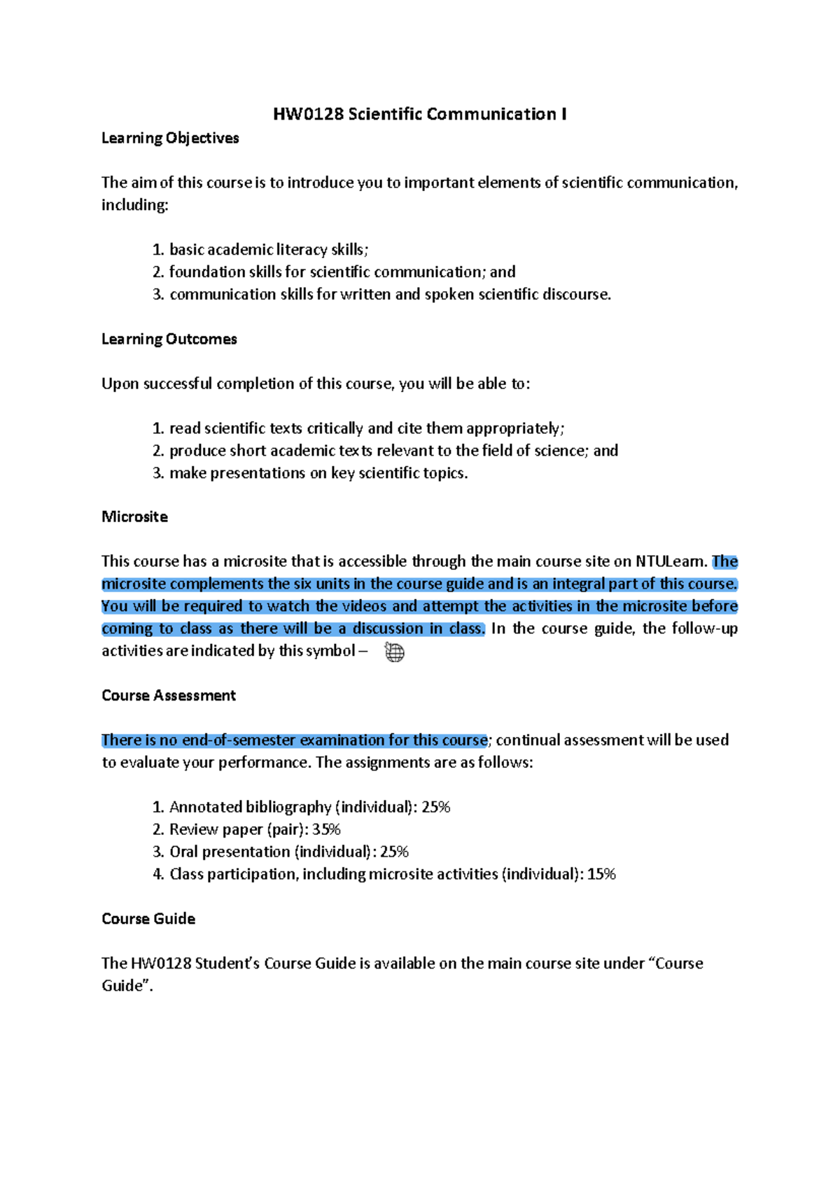 HW0128 Course Information updated - HW0128 Scientific Communication I ...