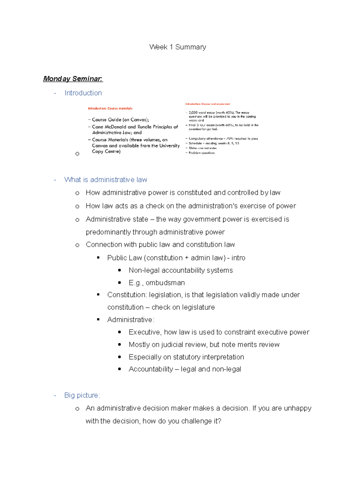 T1 and 2 - Summarised and consolidated notes - Week 1 Summary Monday ...