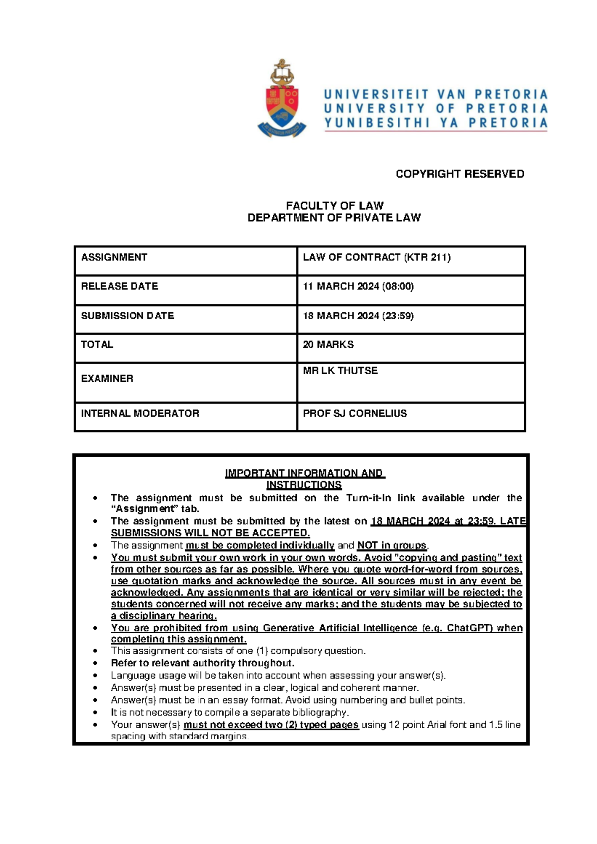 Contract law assignment - COPYRIGHT RESERVED FACULTY OF LAW DEPARTMENT ...