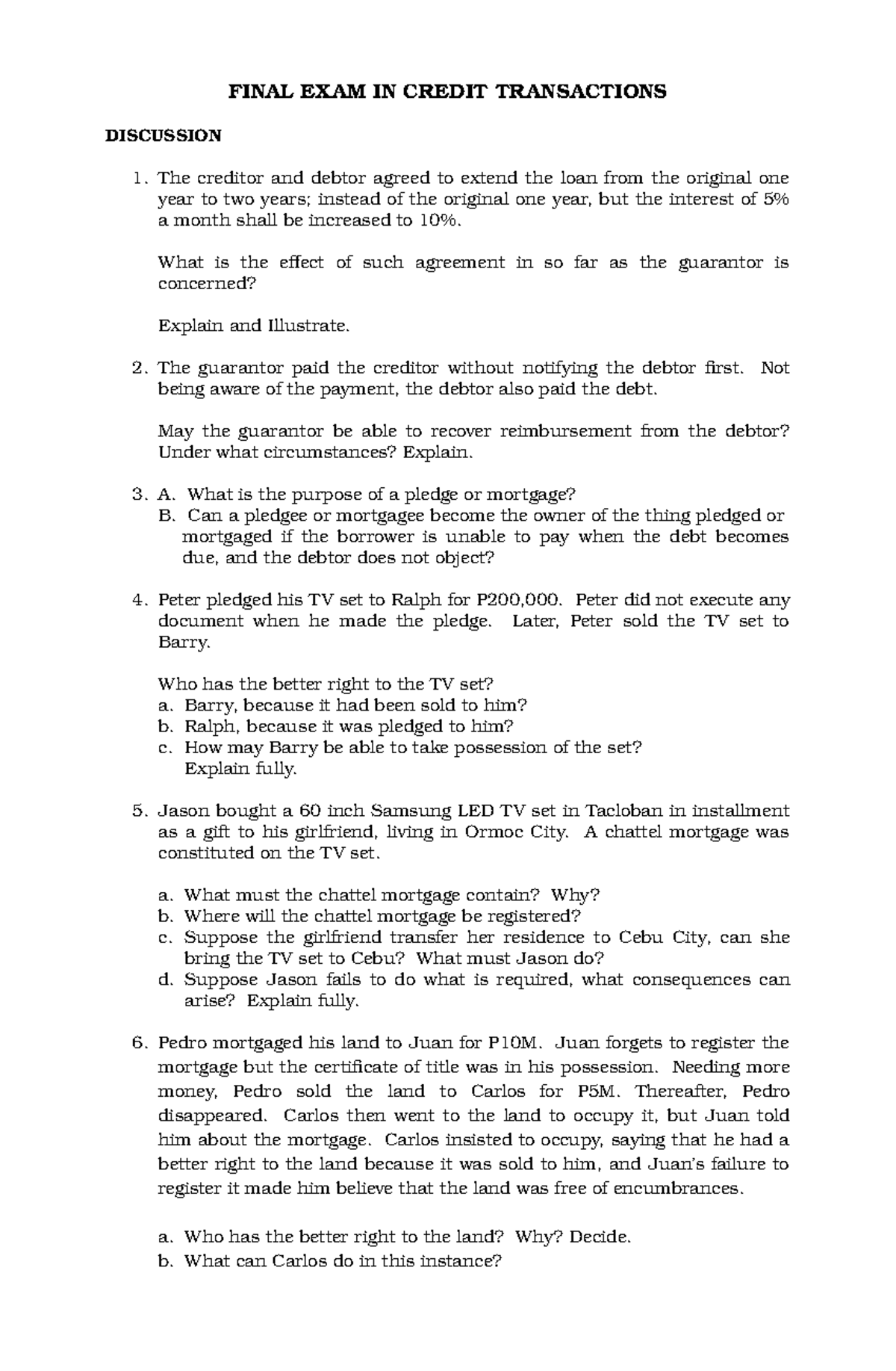 FINALS CREDIT TRANS - FINAL EXAM IN CREDIT TRANSACTIONS DISCUSSION The ...