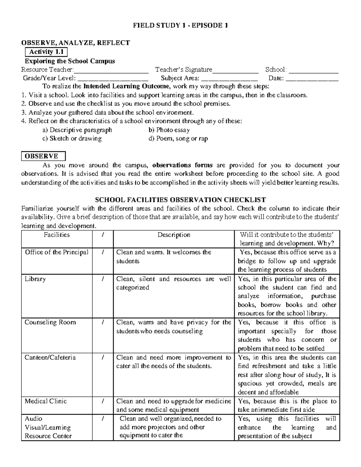 Ceballos FS 1 - field study - FIELD STUDY 1 - EPISODE 1 OBSERVE ...