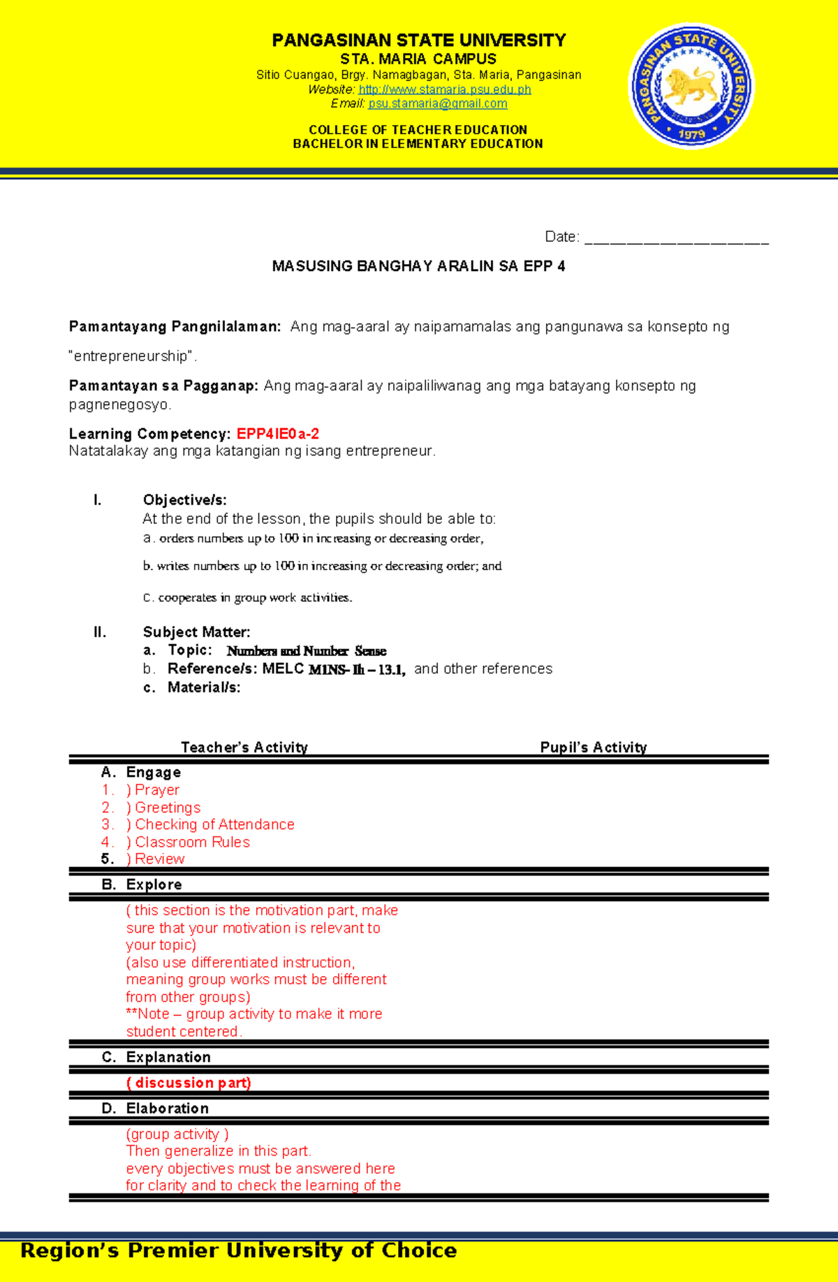 5E's sample LP in Math - Lesson Plan - PANGASINAN STATE UNIVERSITY STA ...