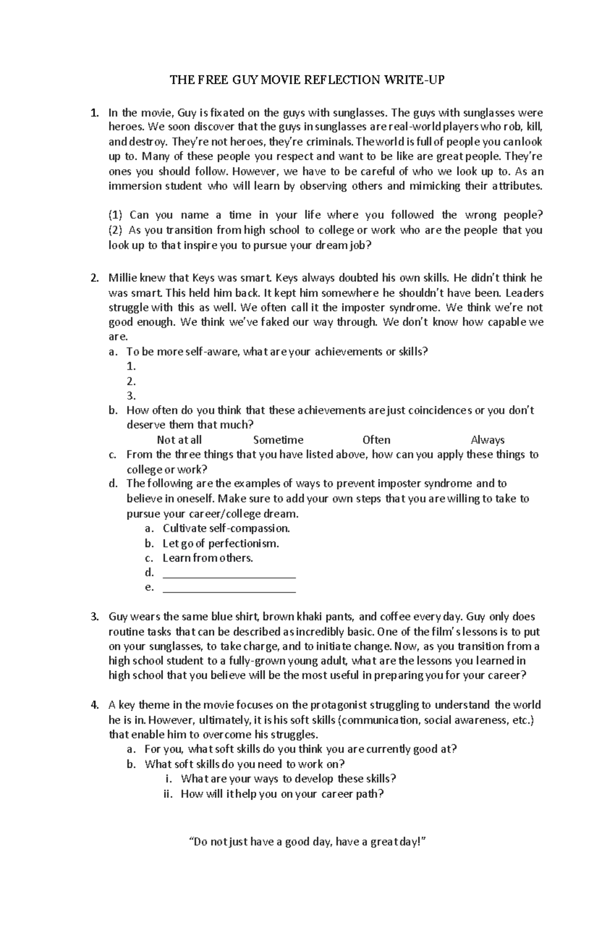 THE FREE GUY Movie Reflection Write - THE FREE GUY MOVIE REFLECTION ...