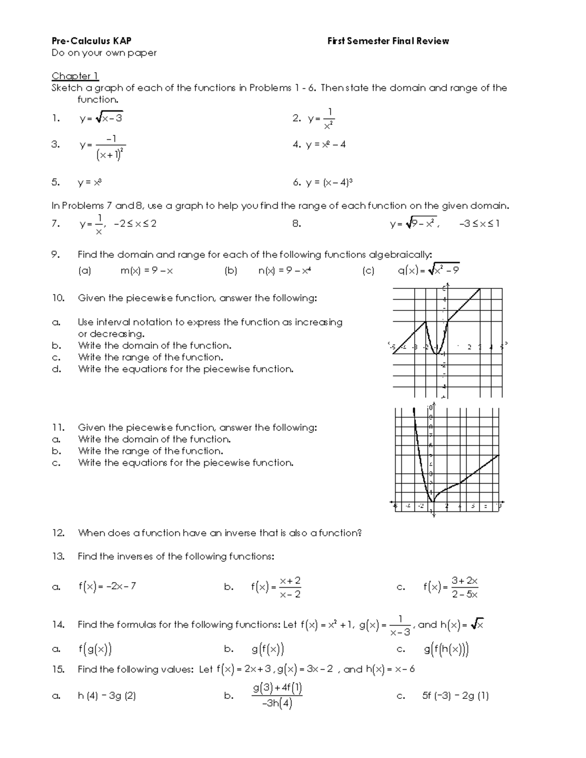 1st Semester Final Exam Review - Pre-Calculus KAP First Semester Final ...