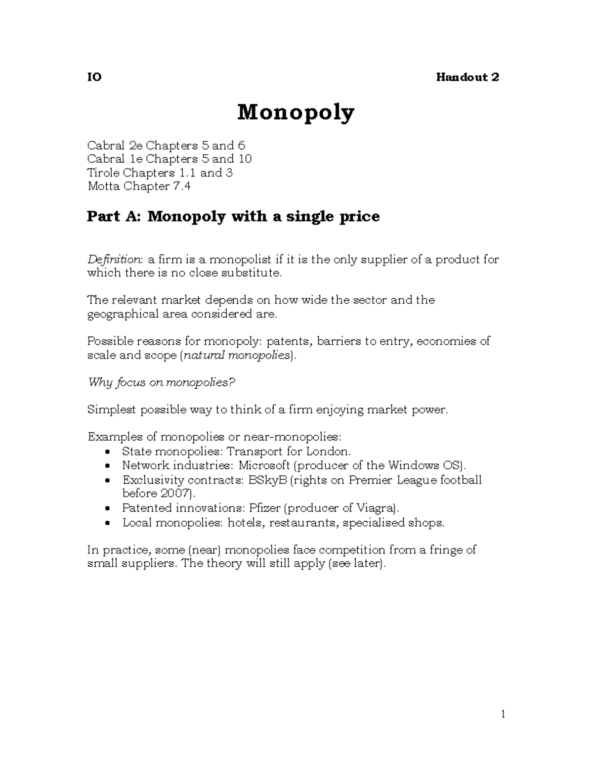 Monopoly notes - IO Handout 2 Monopoly Cabral 2e Chapters 5 and 6 ...