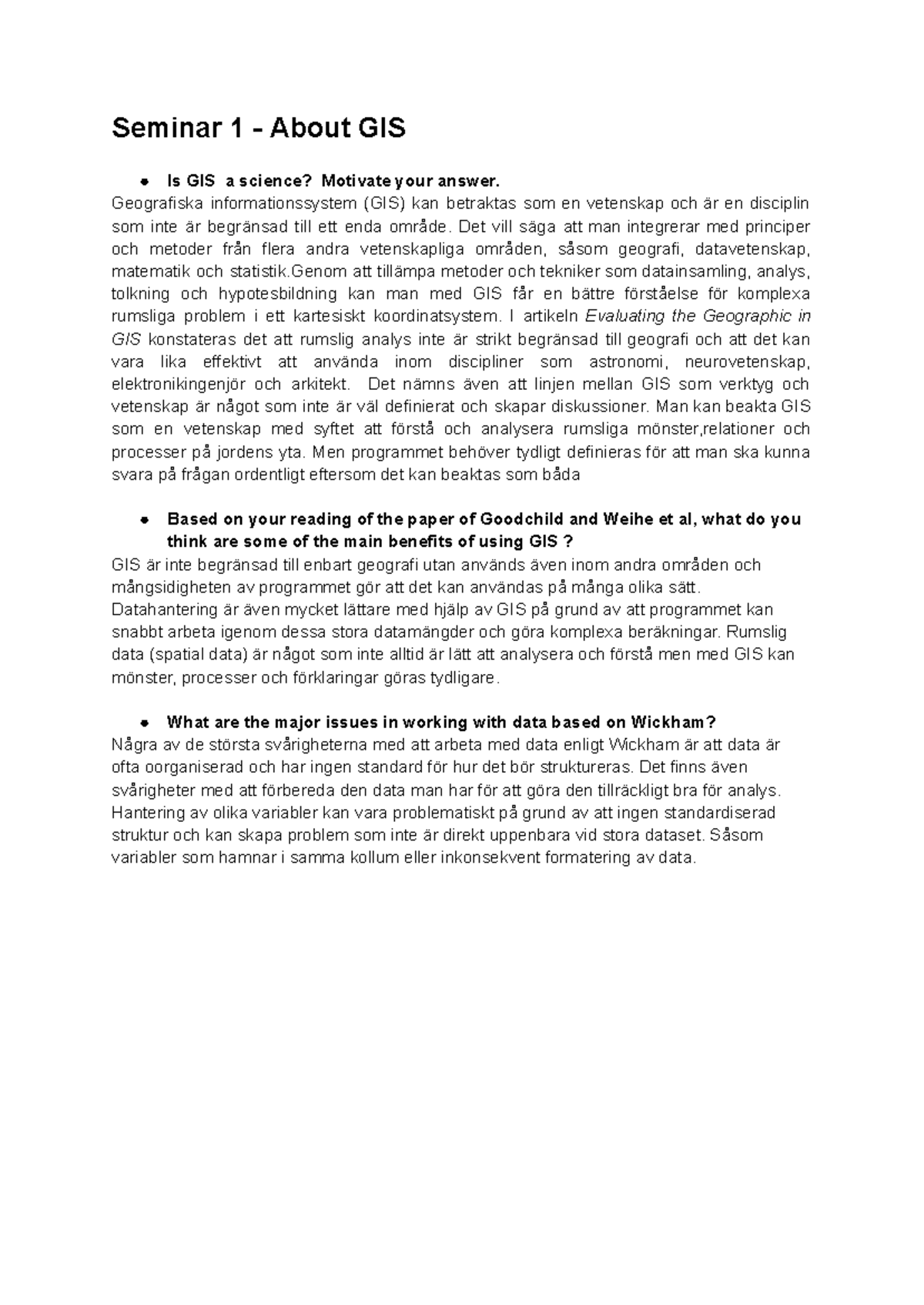 Seminar 1 written assignment - Seminar 1 - About GIS Is GIS a science ...