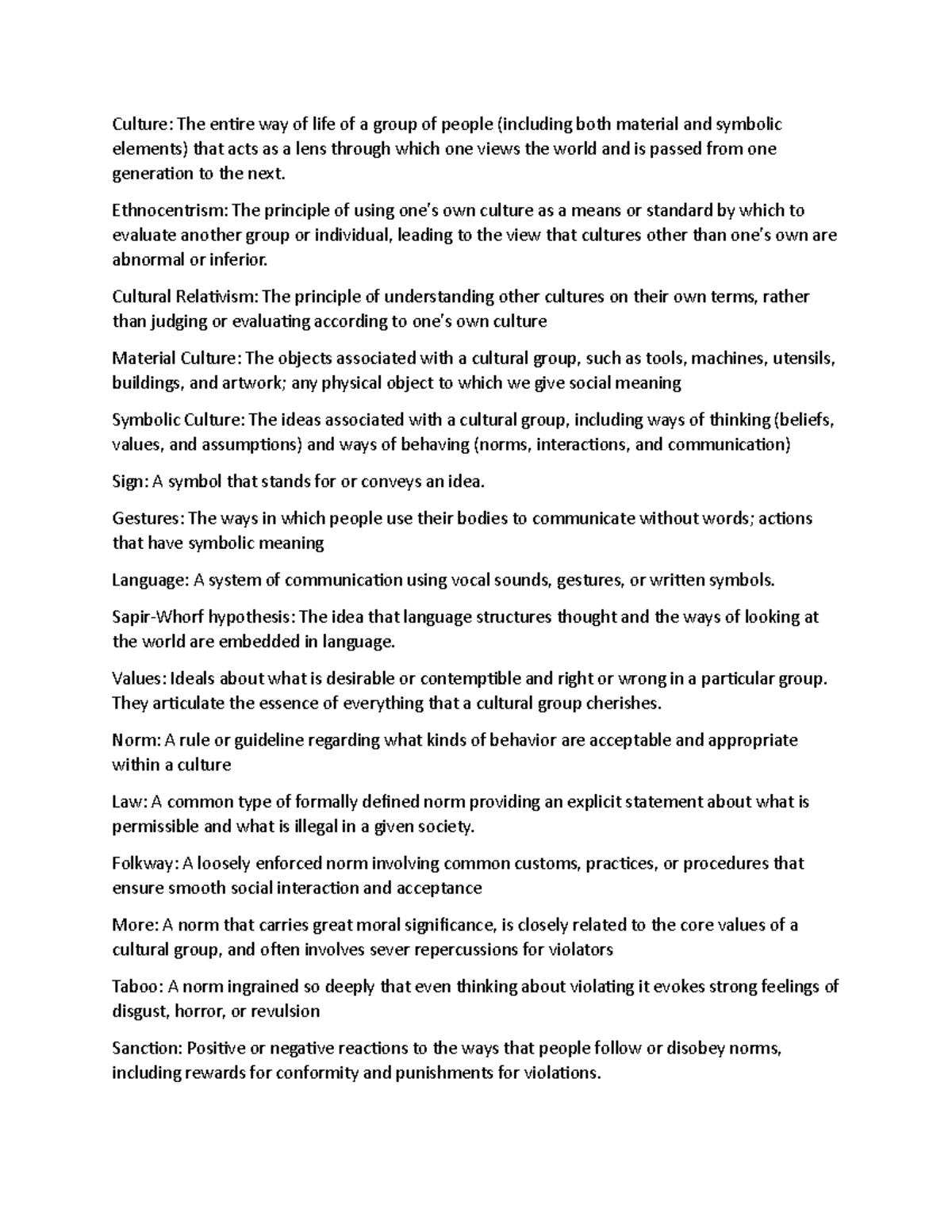 Intro to soc chapter 3 - Notes - Culture: The entire way of life of a ...