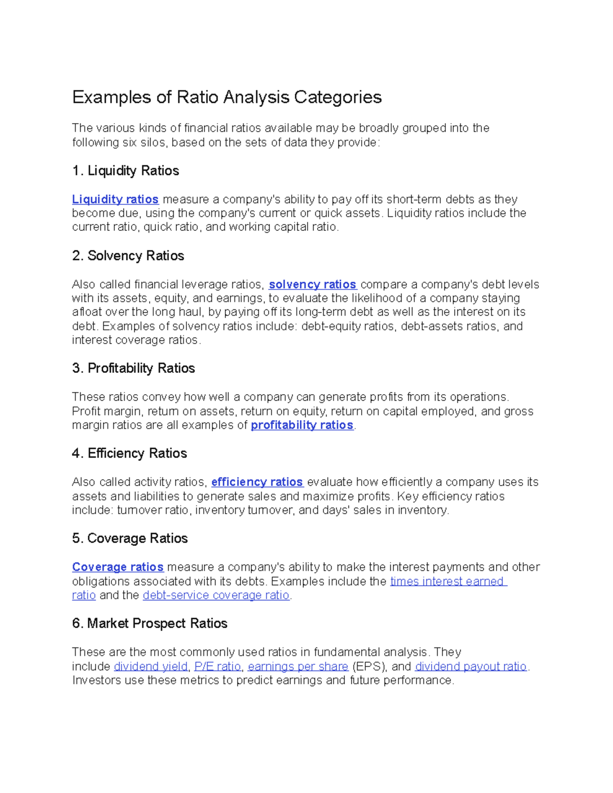 Examples of Ratio Analysis Categories - Liquidity Ratios Liquidity ...