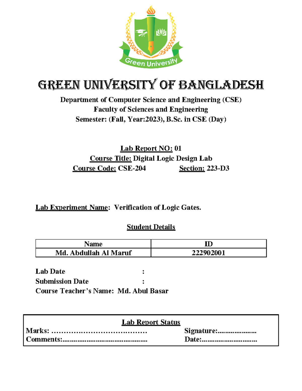 DLD Lab Report -01 - Verification of Logic Gates. - Green University of ...